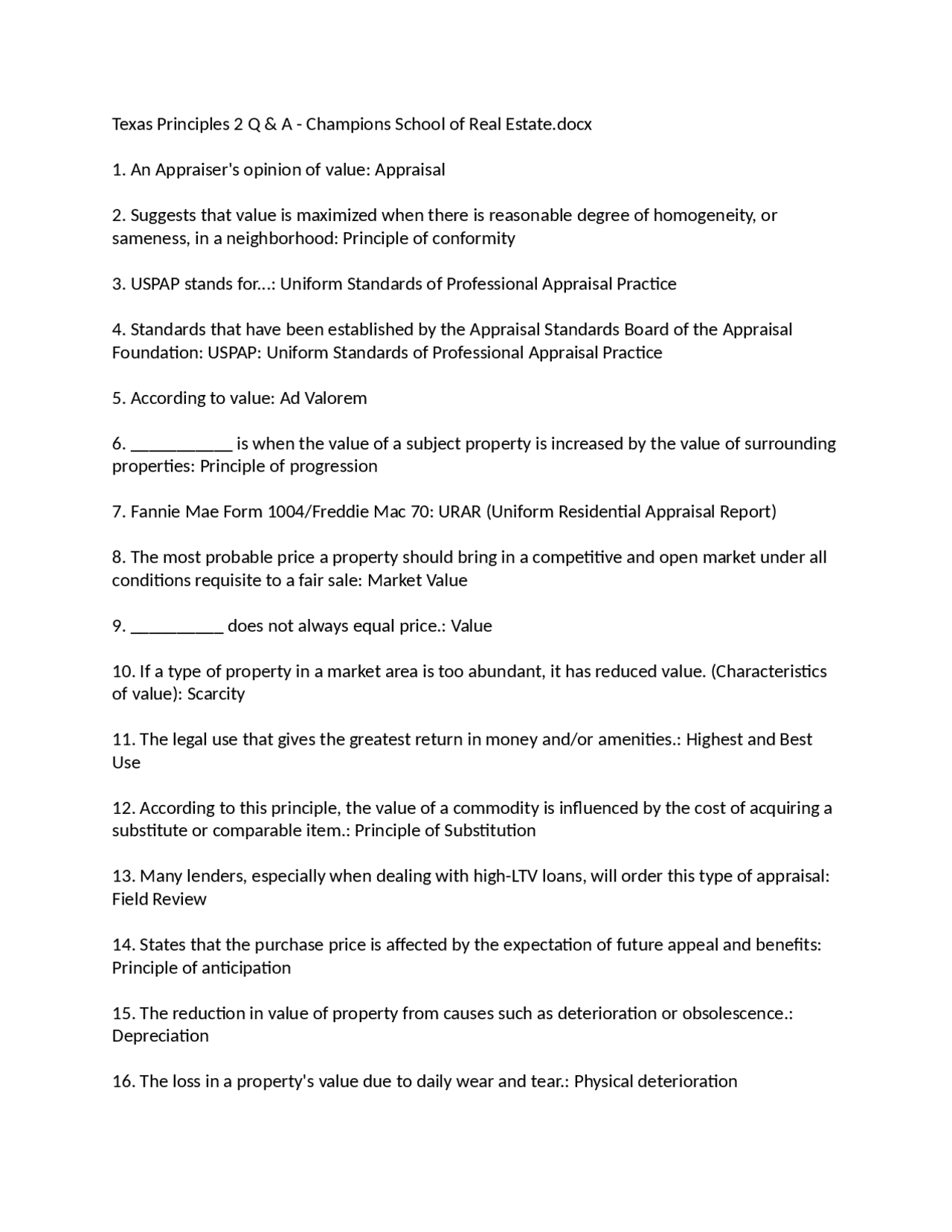 Texas Principles 2 Q & A - Champions School of Real Estate | Exams ...