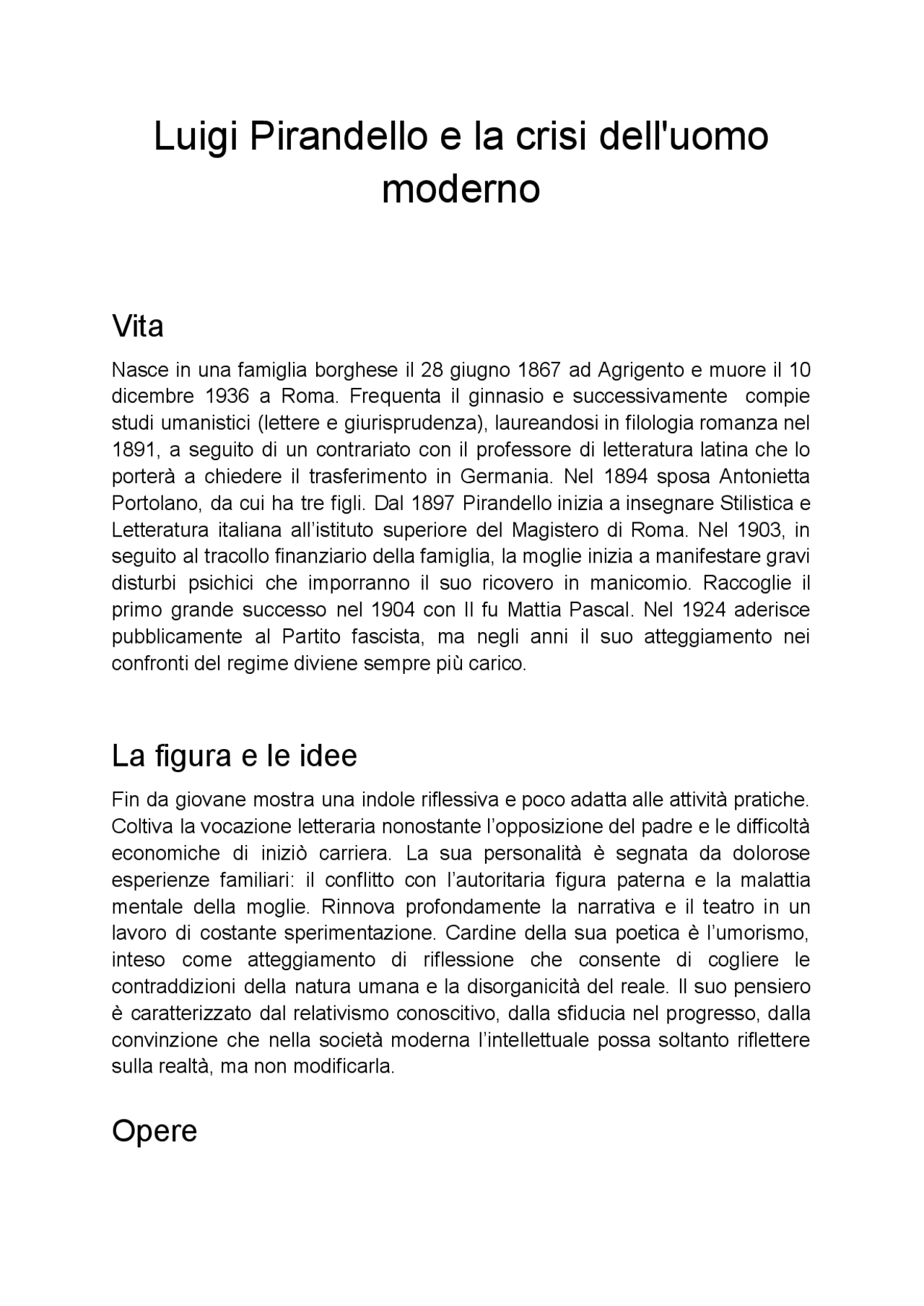Luigi Pirandello e la crisi dell'uomo moderno | Appunti di Italiano | Docsity