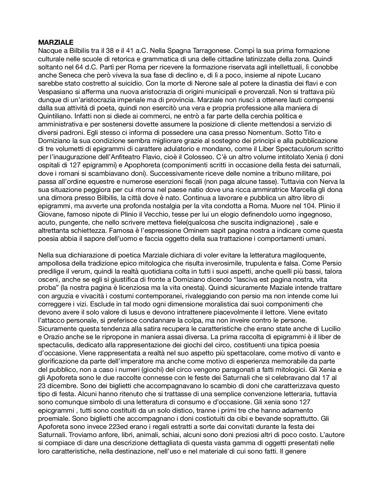 Marziale riassunto completo | Appunti di Latino | Docsity