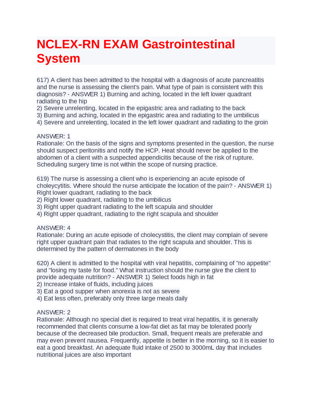 NCLEX-RN EXAM Gastrointestinal System - Docsity