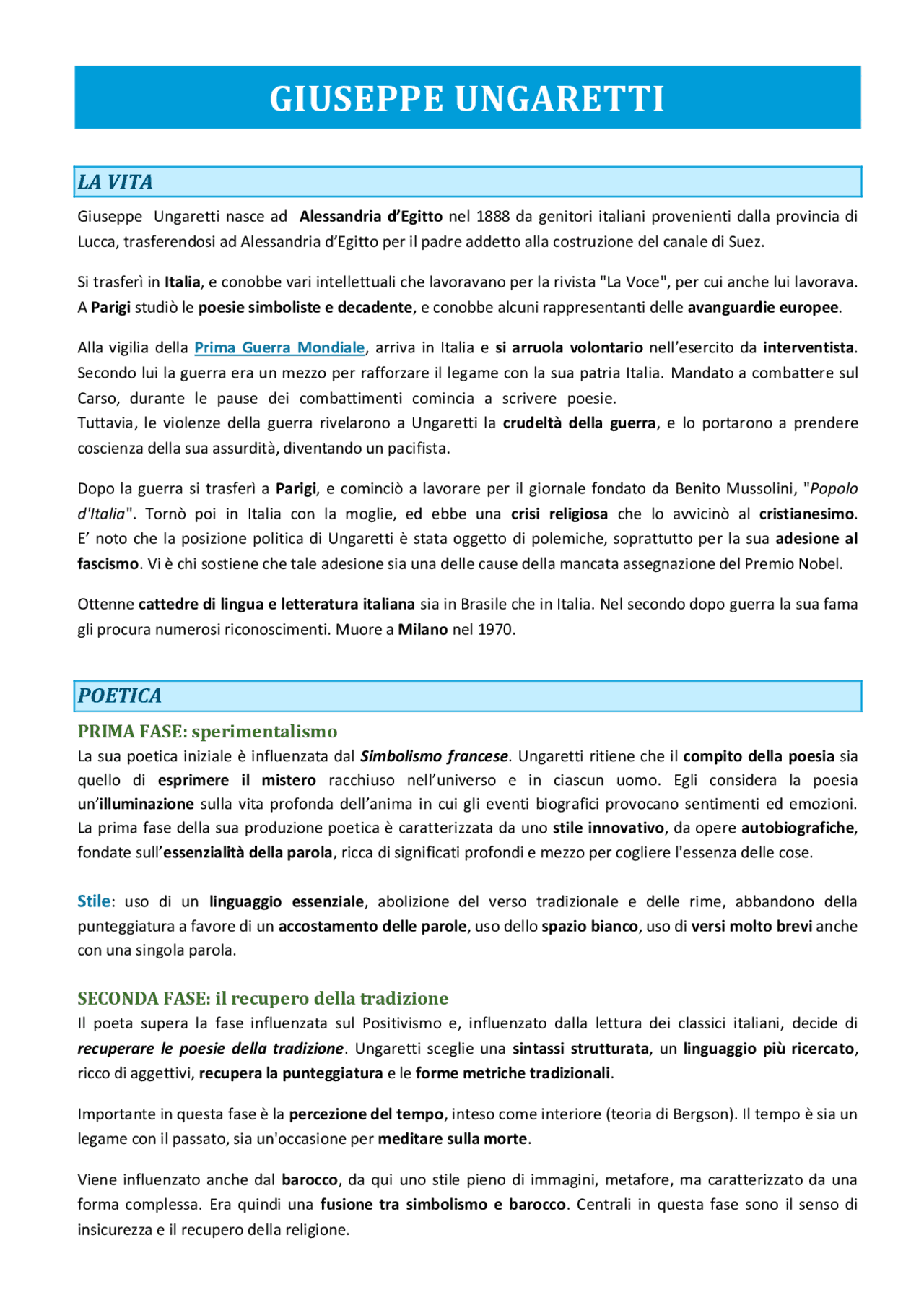 Ungaretti Appunti Completi Appunti Di Italiano Docsity