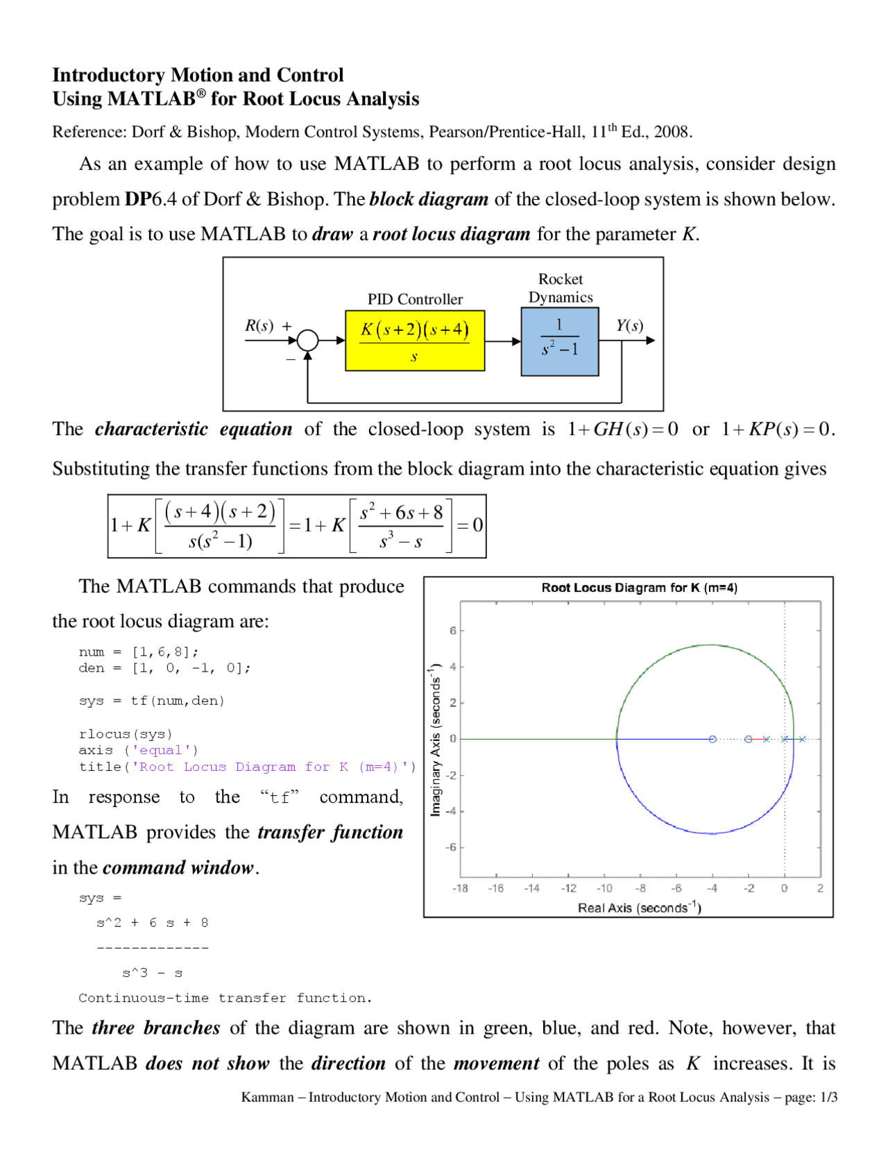 Using MATLAB for Root Locus Analysis in Introductory Motion and Control ...