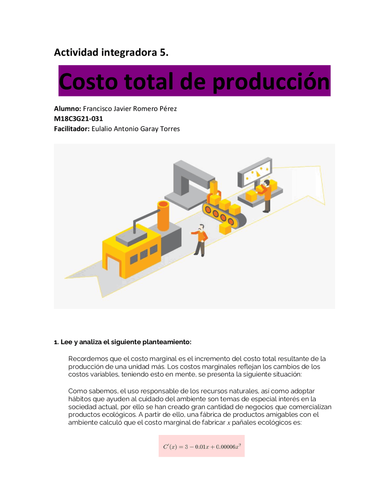 Actividad integradora 5. Costo total de producción | Ejercicios de ...