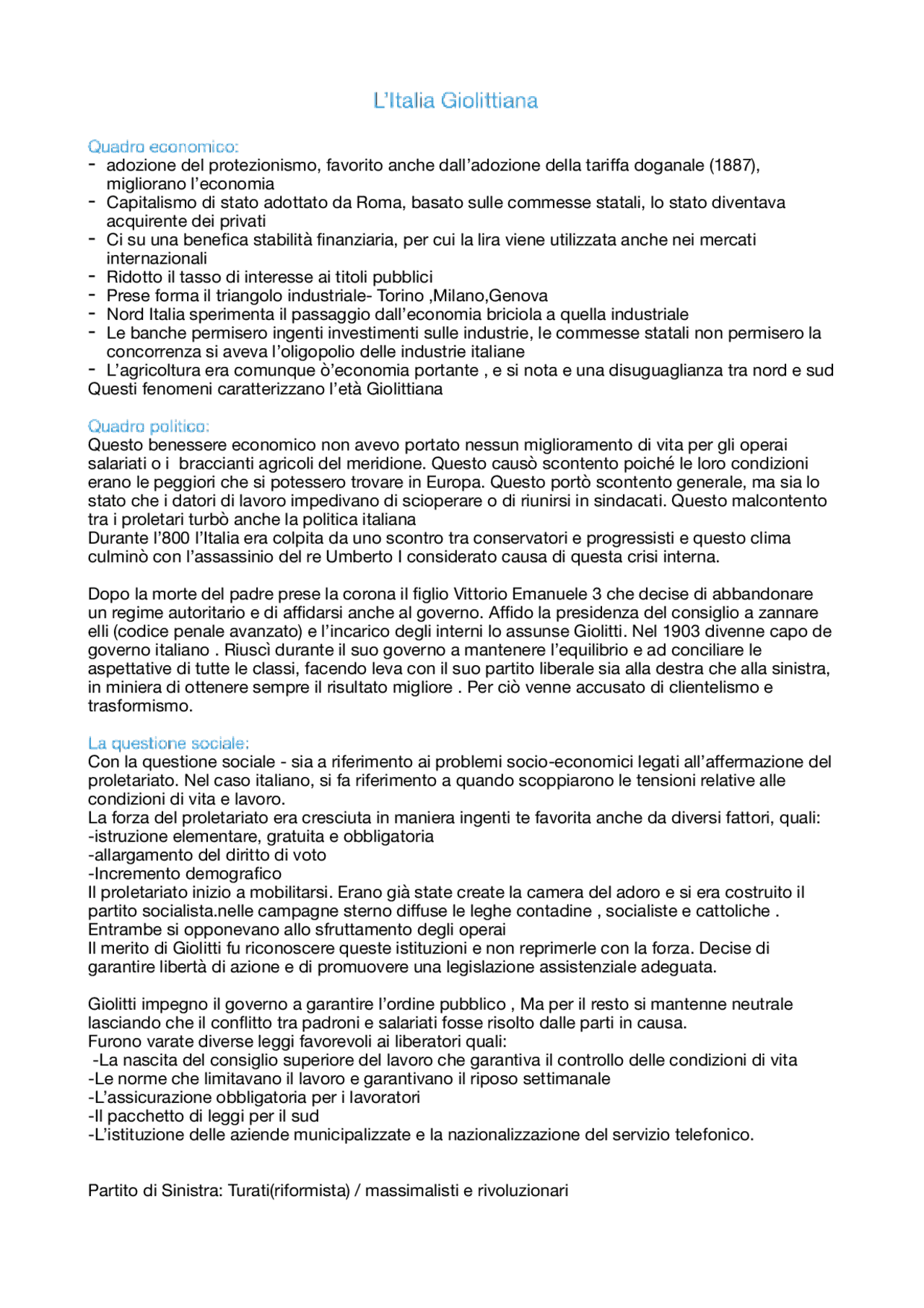 Età Giolittiana Schema Schemi E Mappe Concettuali Di Storia Docsity