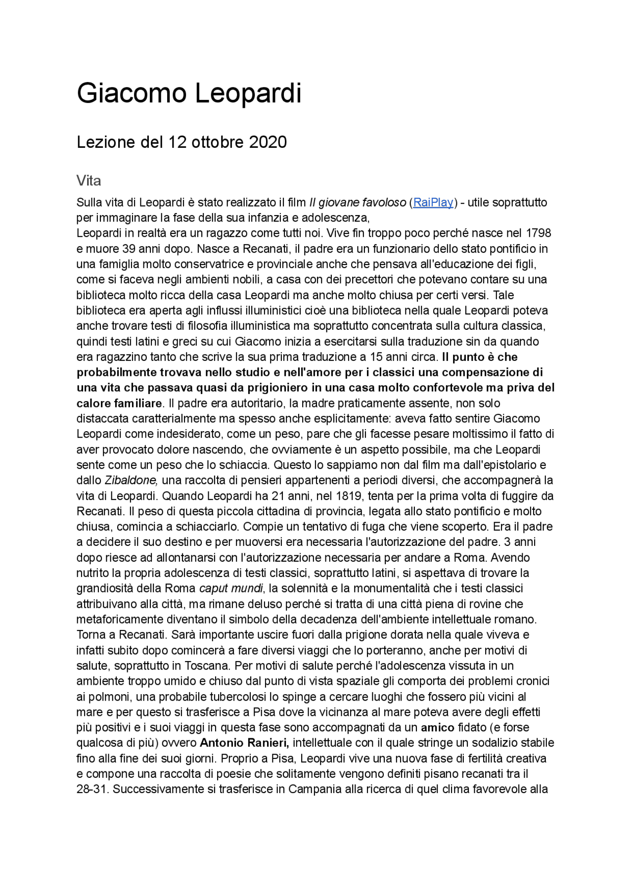 La vita e il pensiero di Giacomo Leopardi | Appunti di Italiano | Docsity