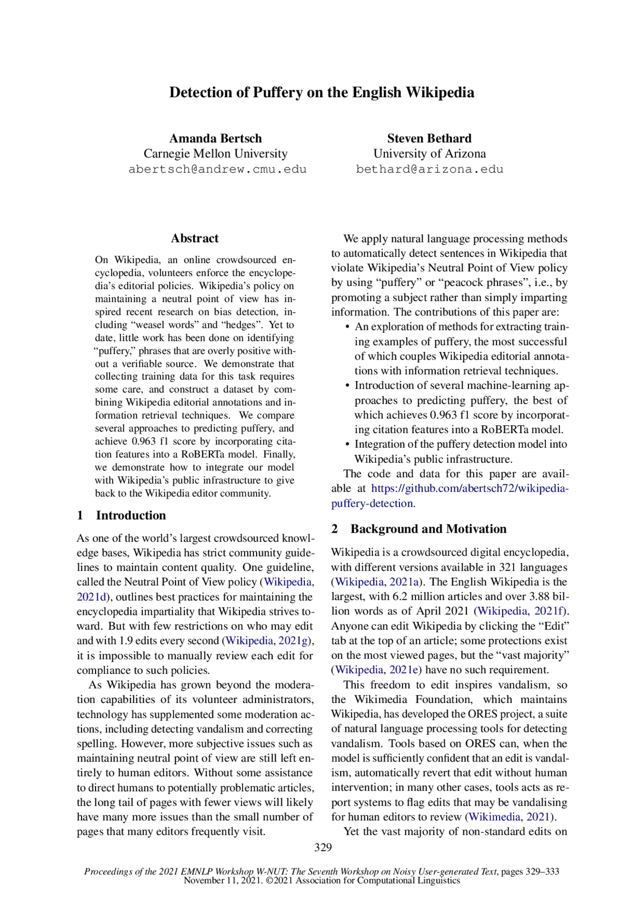 Automatic Detection of Puffery in Wikipedia: A Study by Bertsch and ...