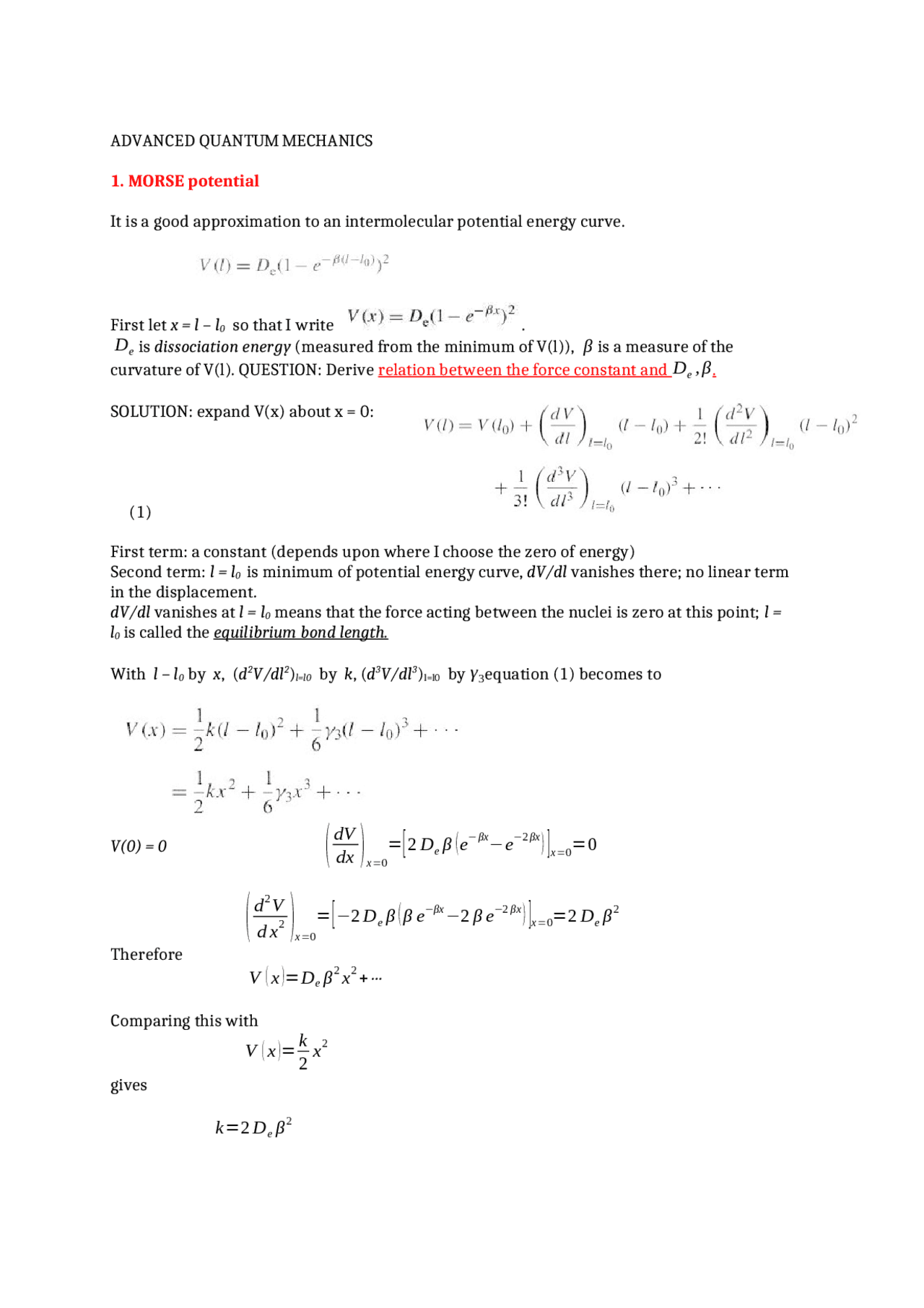 MORSE Potential, VIBRATIONAL frequency, Bond potential - Docsity