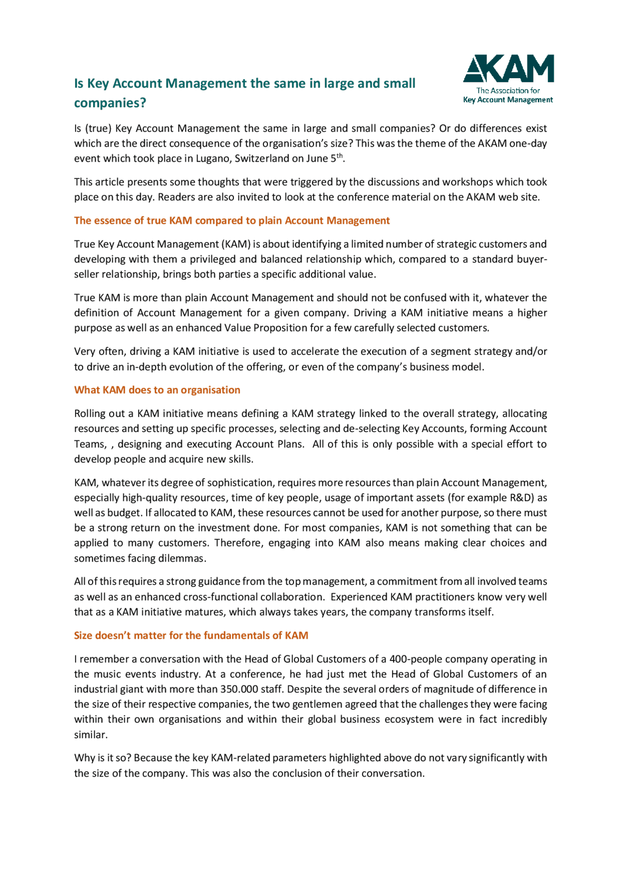 Key Account Management: Similarities and Differences in Large and Small ...