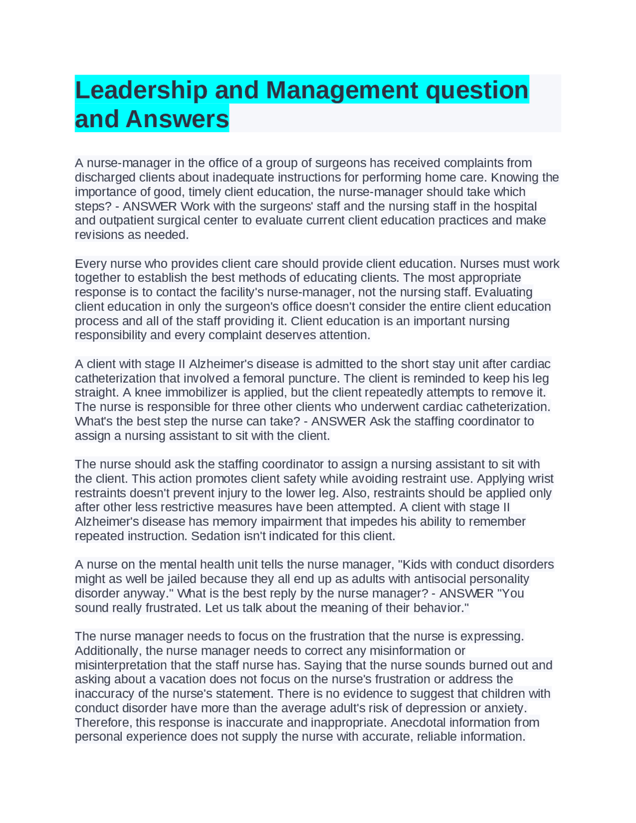 Leadership and Management question and Answers - Docsity