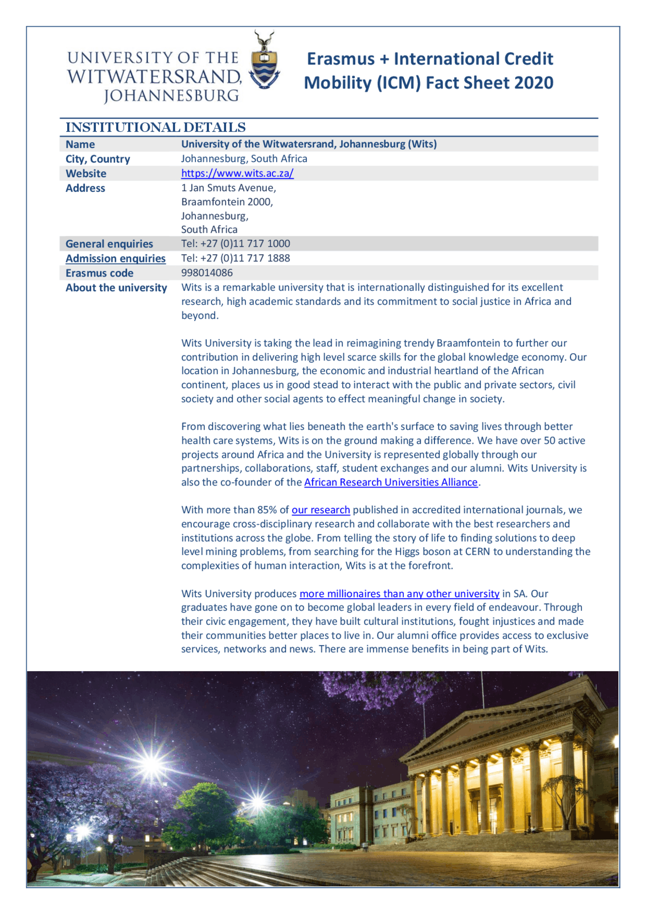 Wits University: Erasmus+ International Credit Mobility Fact Sheet 2020 ...