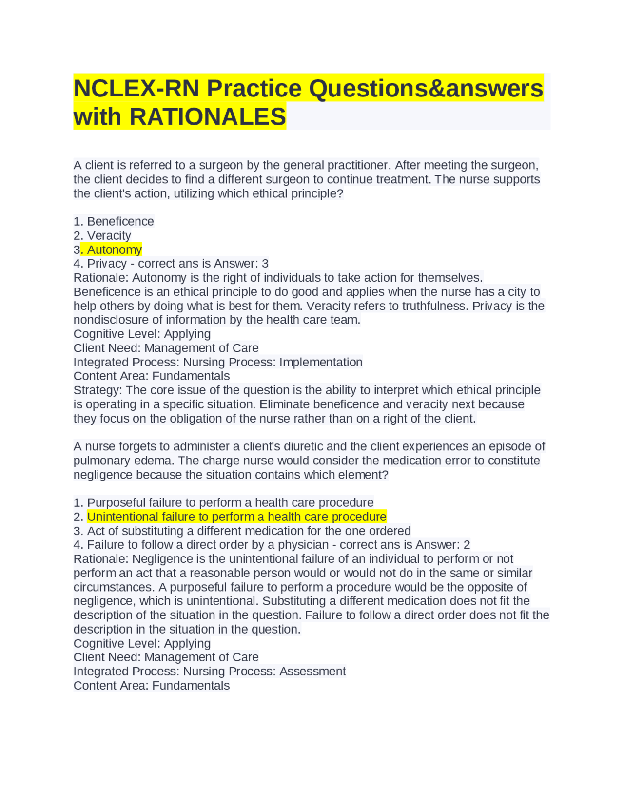 NCLEX-RN Practice Questions and answers - Docsity