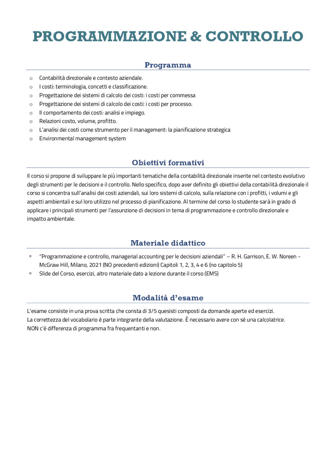 Programmazione e controllo | Appunti di Programmazione e controllo | Docsity