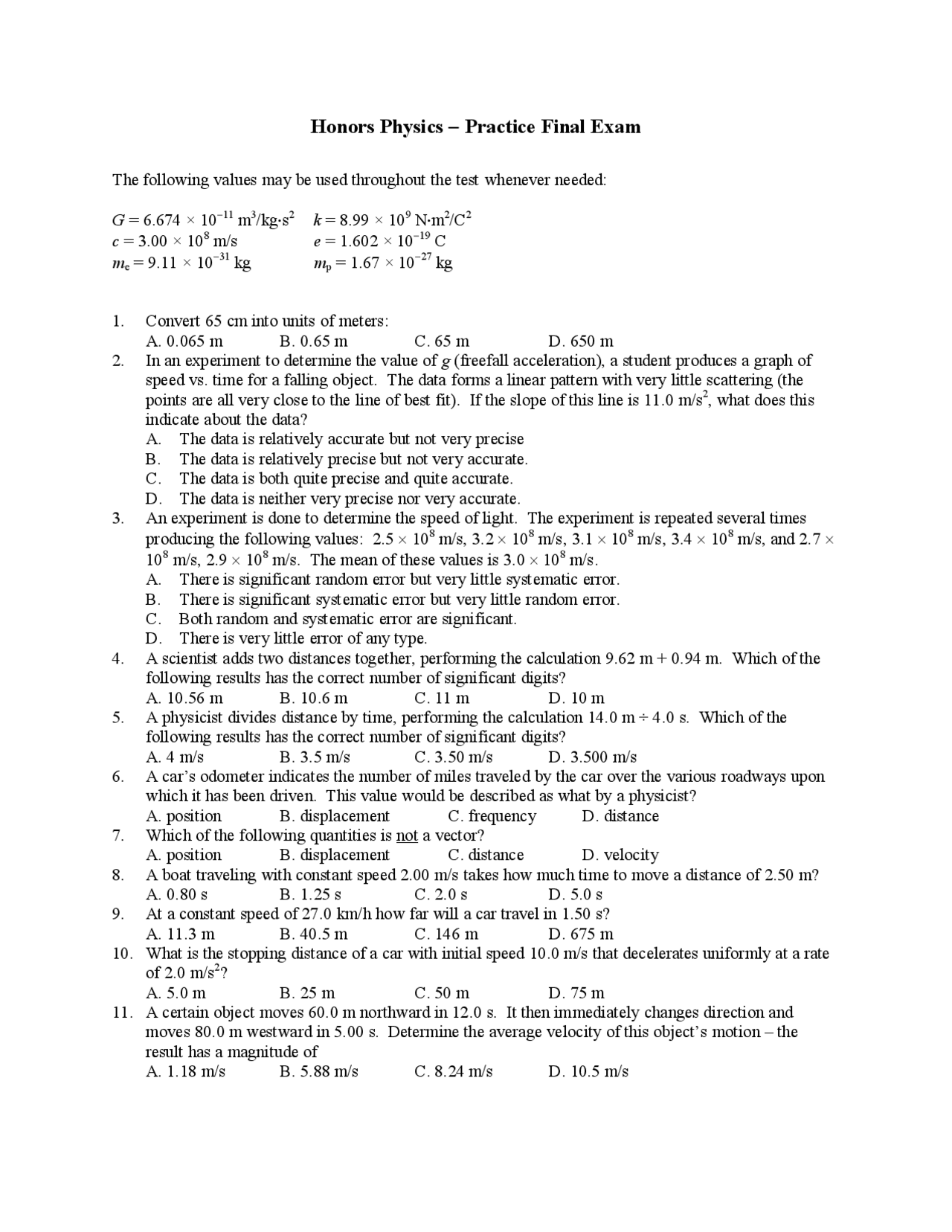 Honors Physics − Practice Final Exam | Study notes Physics | Docsity