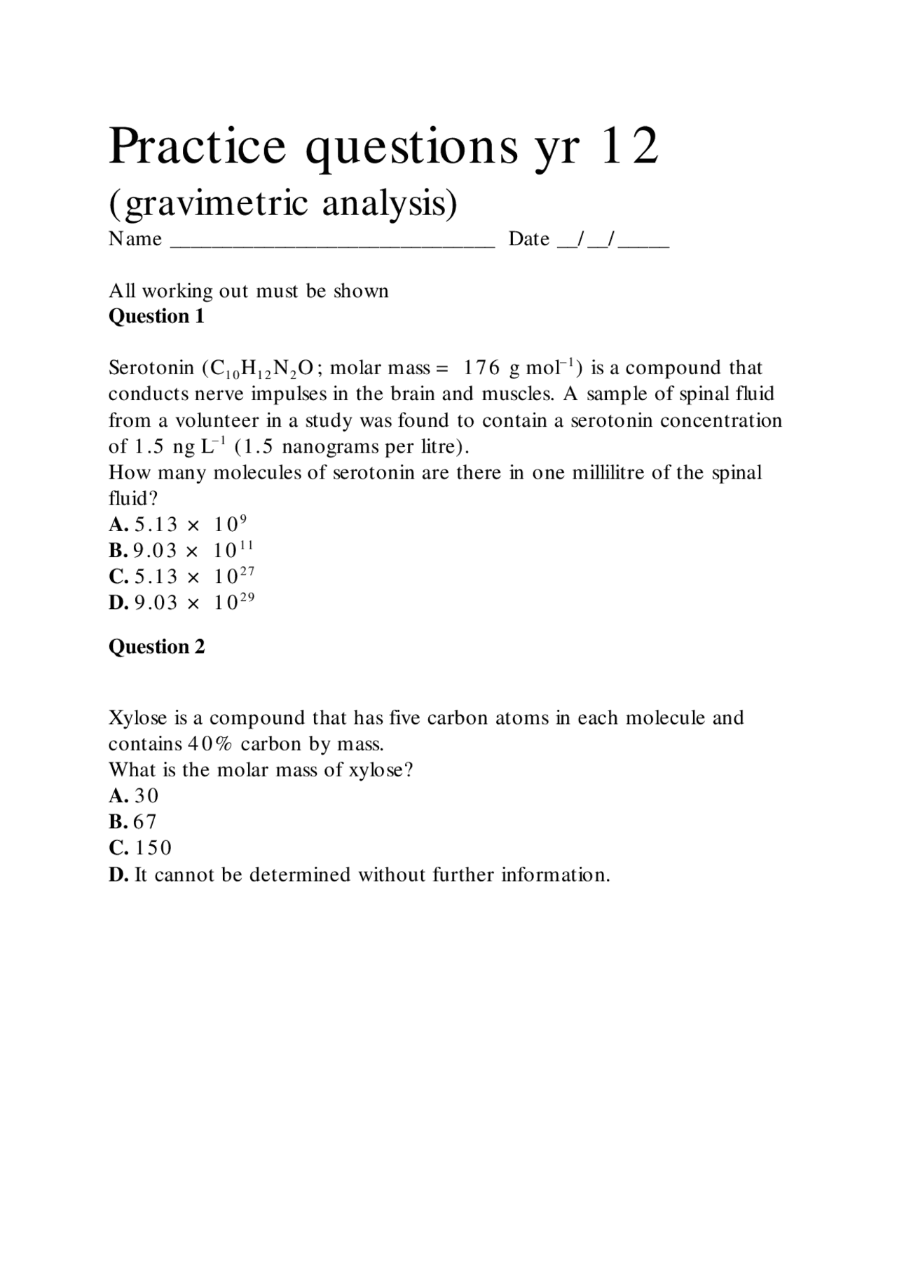 Practice questions yr 12 - (gravimetric analysis) | Assignments ...