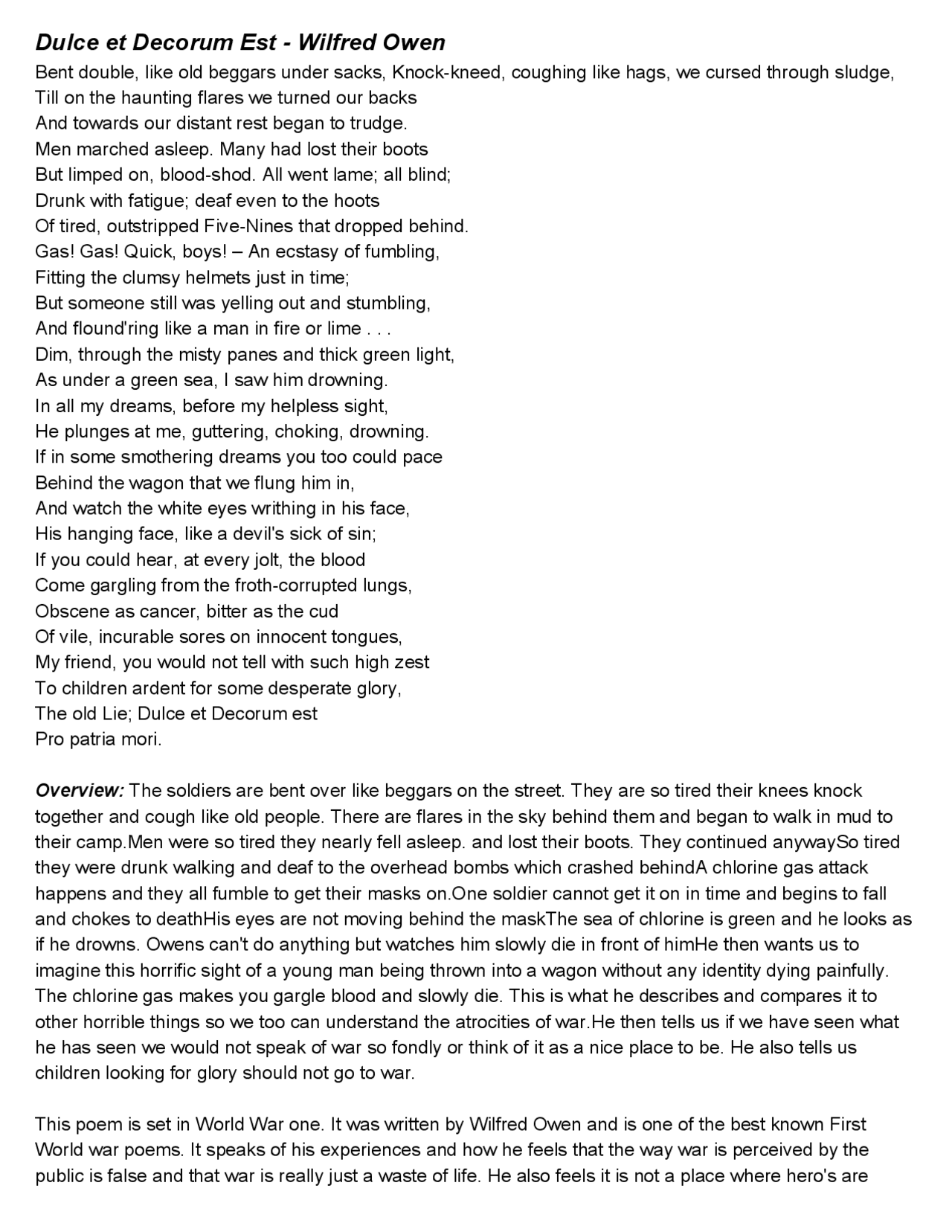 Dulce et Decorum Est - Wilfred Owen | Summaries Latin literature | Docsity