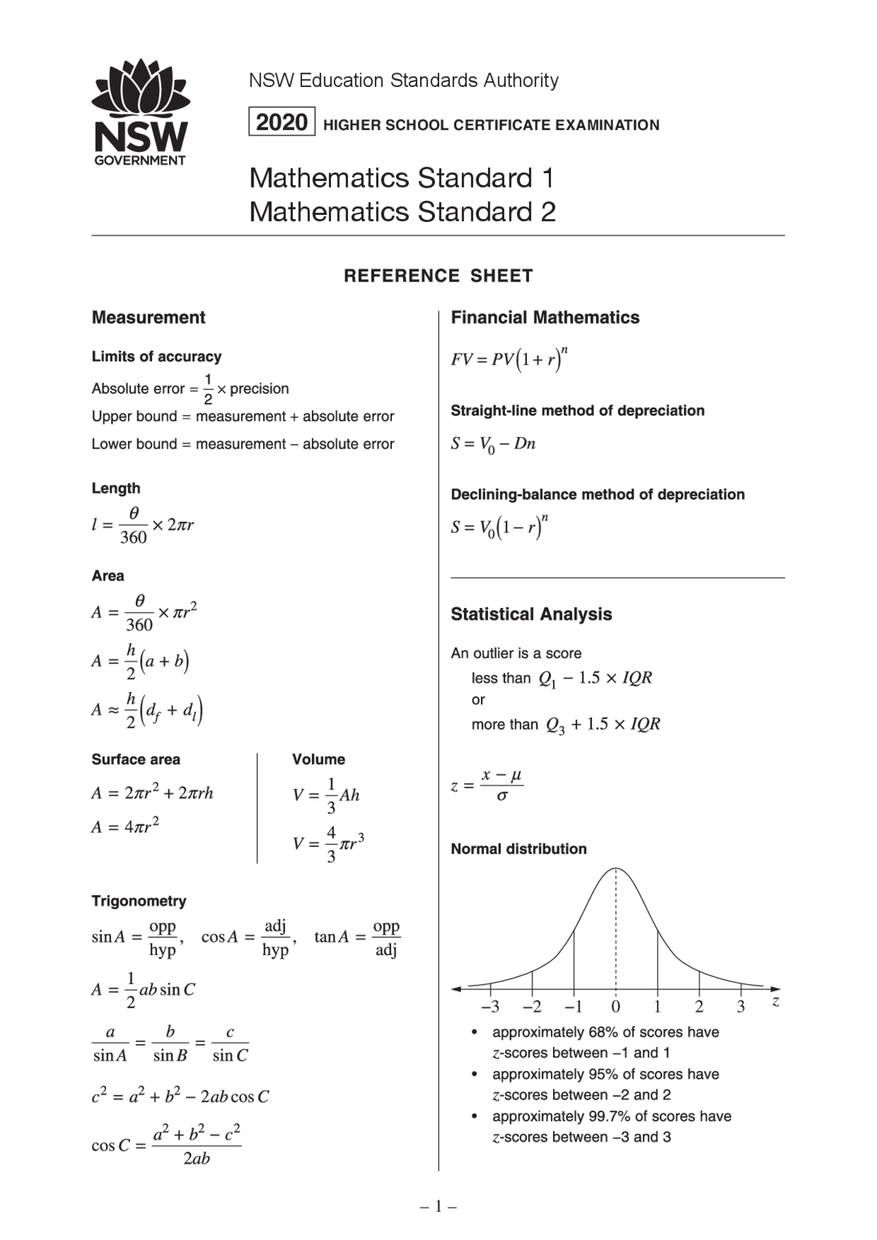 Mathematical Standard 1 And 2 Cheat Sheet Mathematics Docsity