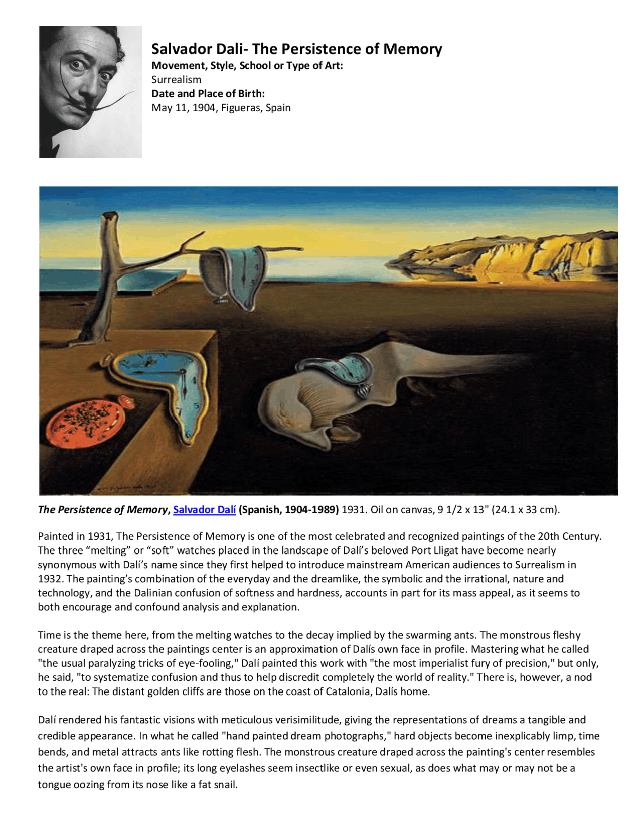 Salvador Dali- The Persistence of Memory | Study notes Painting | Docsity