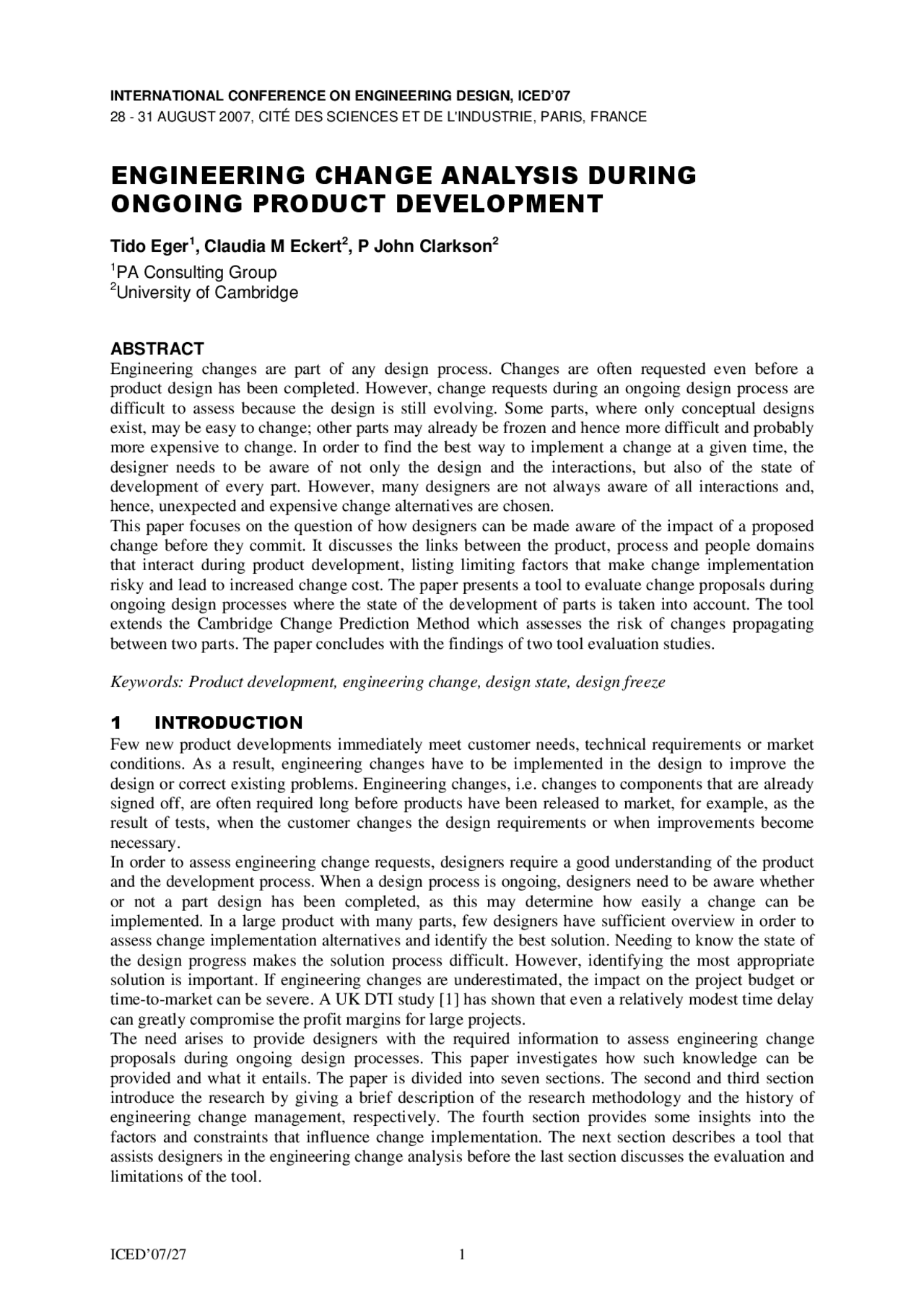 Risk Assessment Tool for Engineering Change in Product Development | Exercises Engineering | Docsity