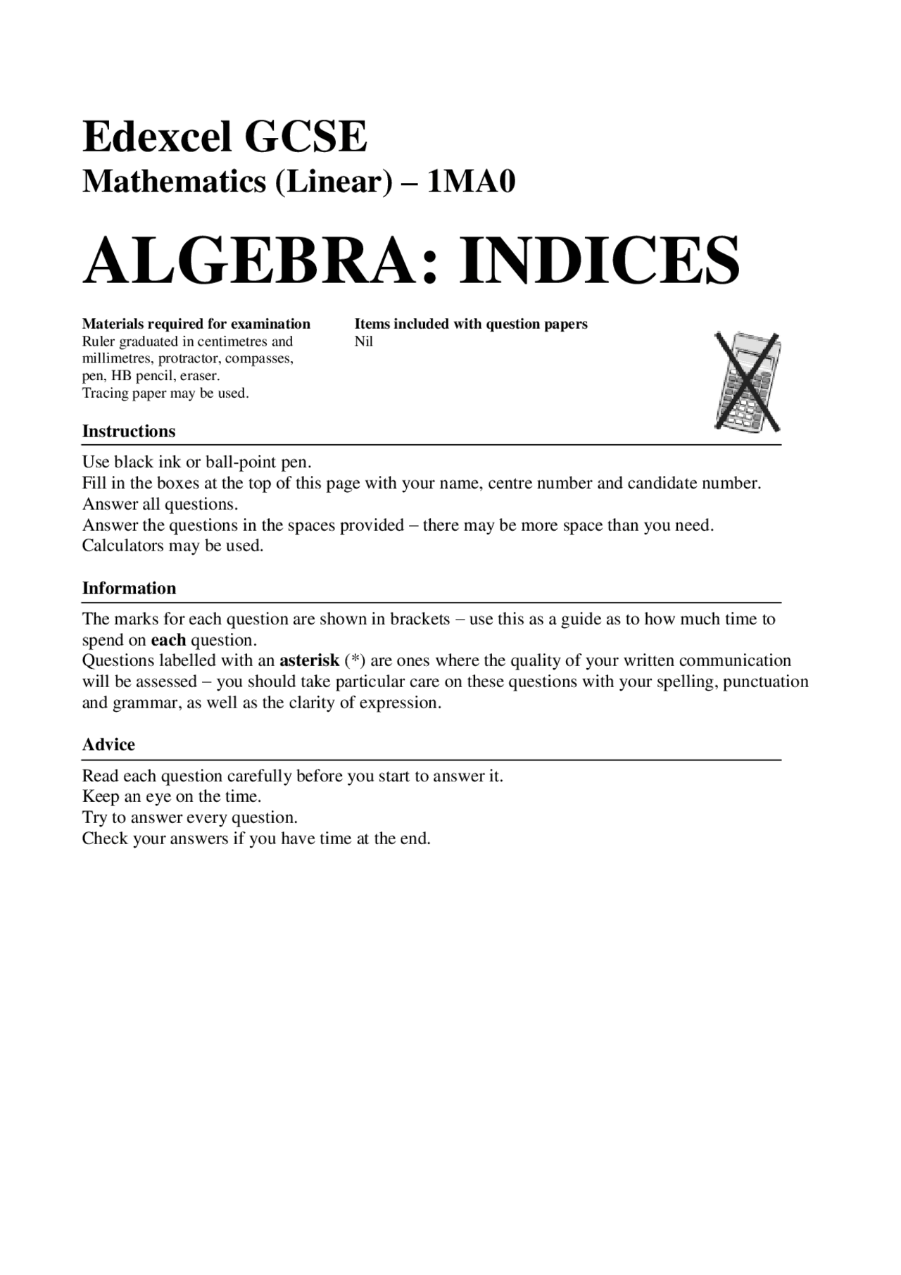 ALGEBRA: INDICES | Slides Algebra | Docsity