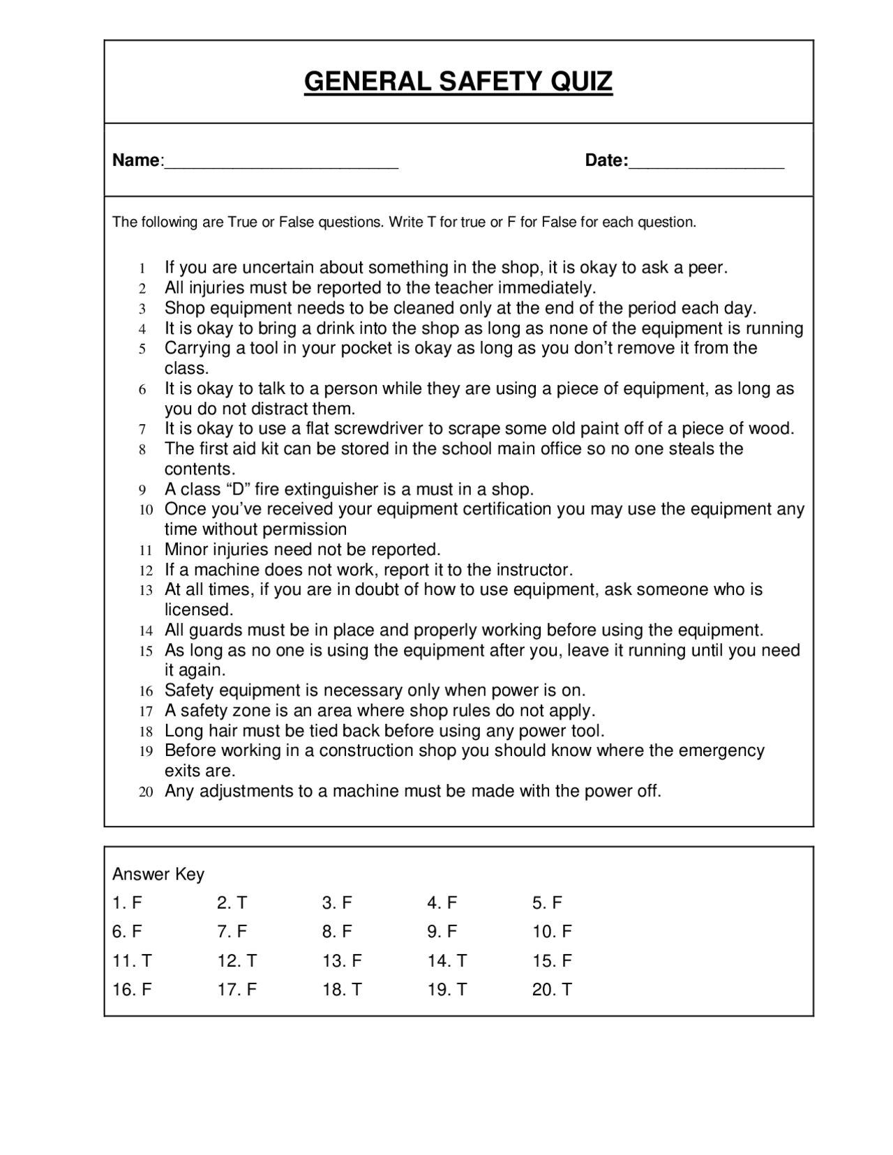 GENERAL SAFETY QUIZ | Lecture notes Construction | Docsity