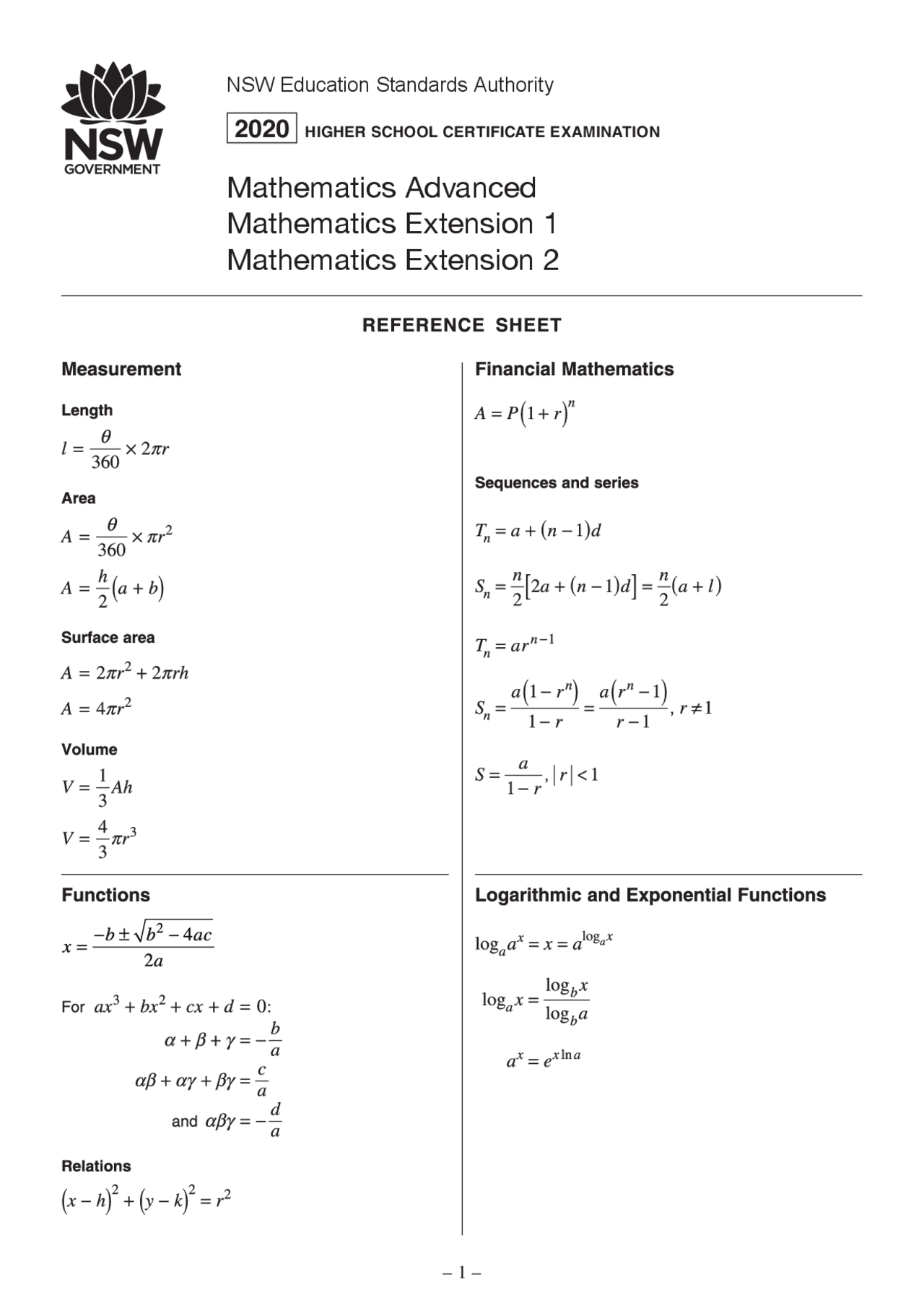 Reference Sheet Mathematics Advanced And Extension 12 Cheat Sheet