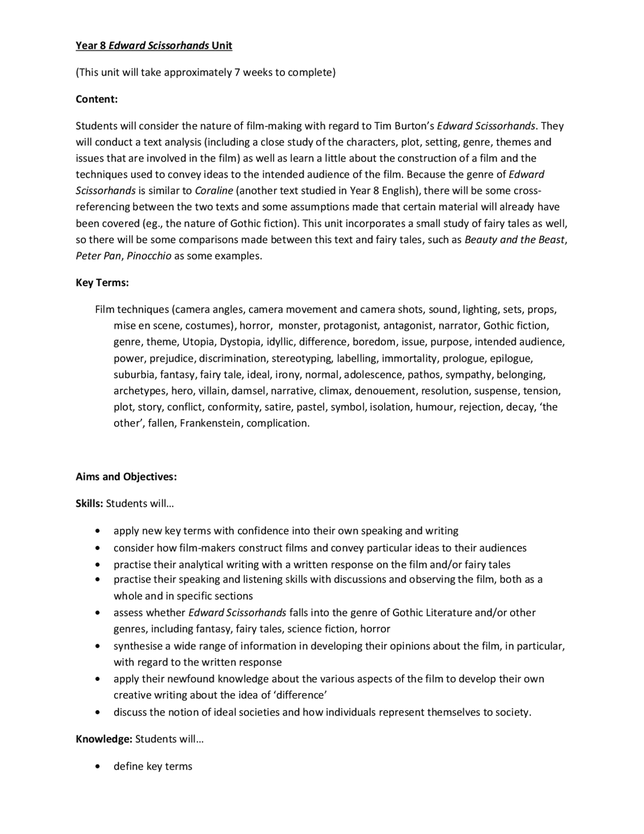 Edward Scissorhands: Content, Aims and Objectives | Study notes ...