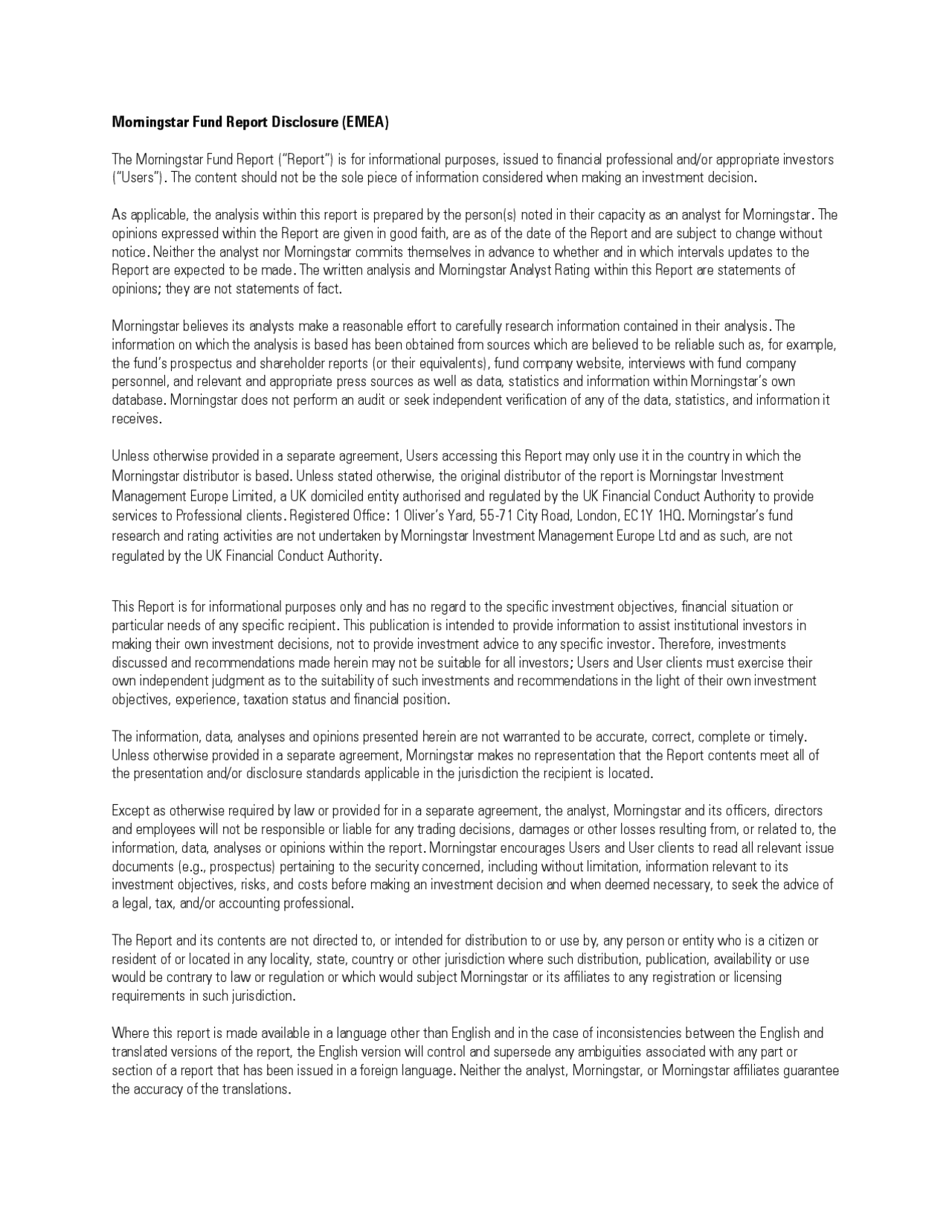 Morningstar Fund Report Disclosure (EMEA) | Lecture notes Software ...