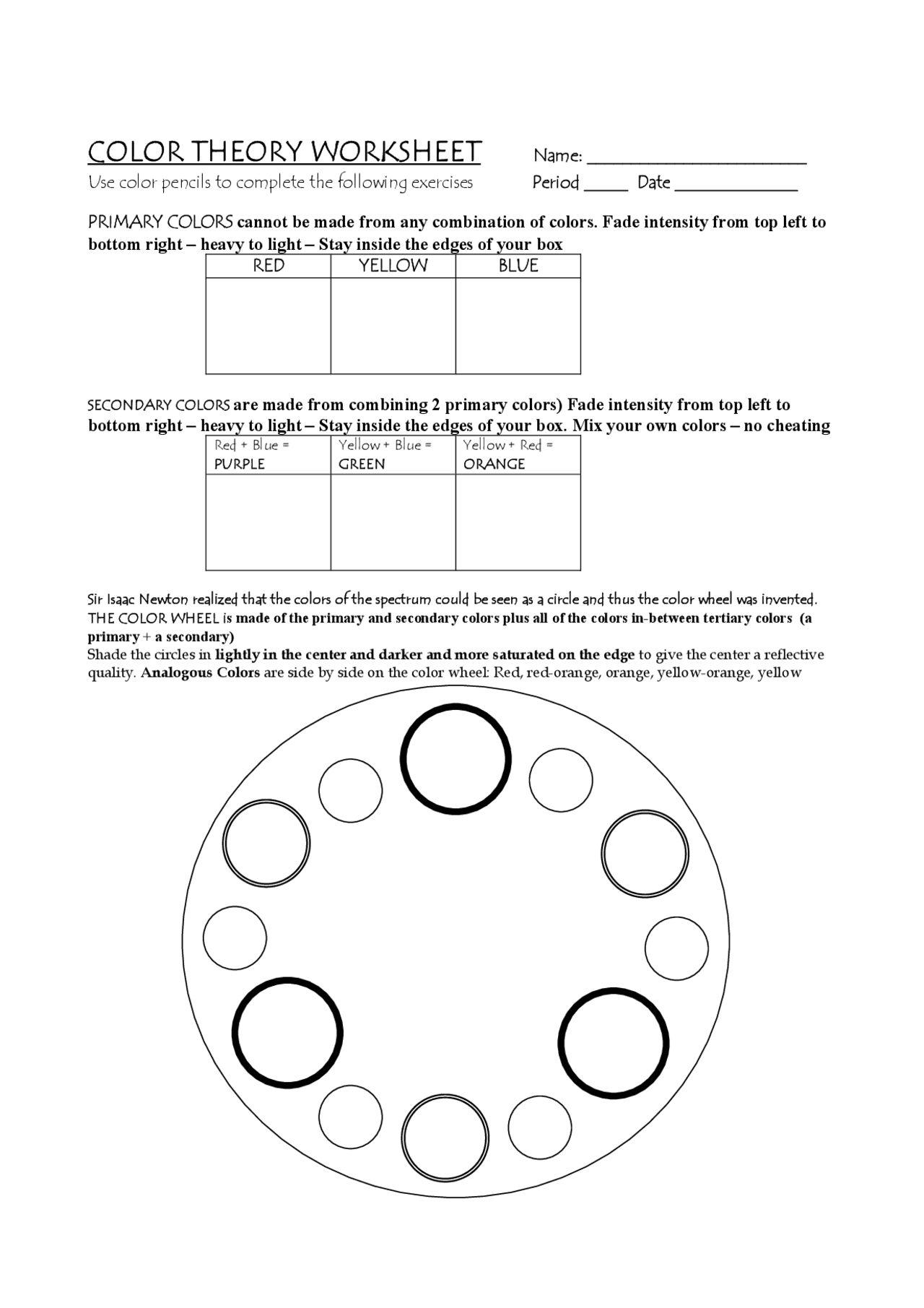 COLOR THEORY WORKSHEET Name | Study Guides, Projects, Research Computer ...