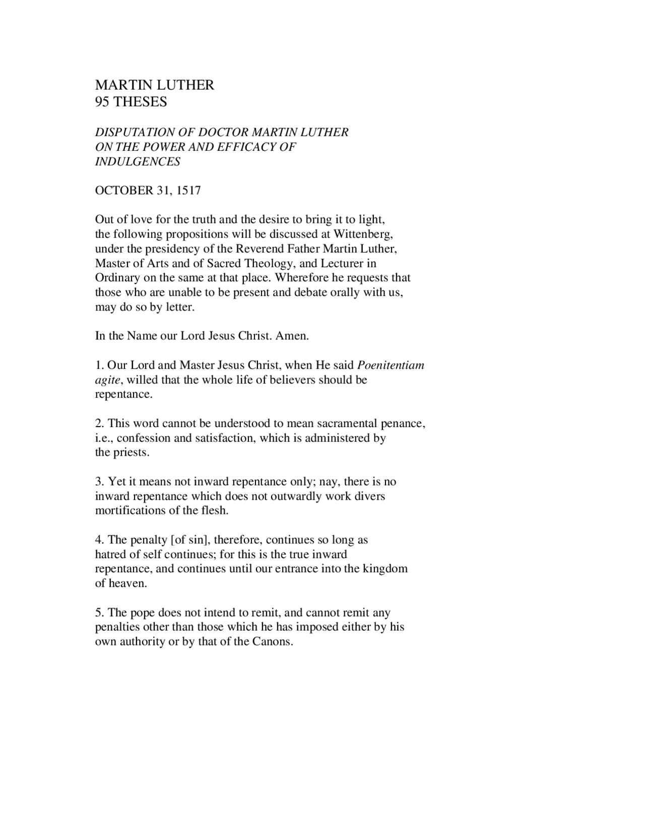 MARTIN LUTHER 95 THESES | Exams Theology - Docsity