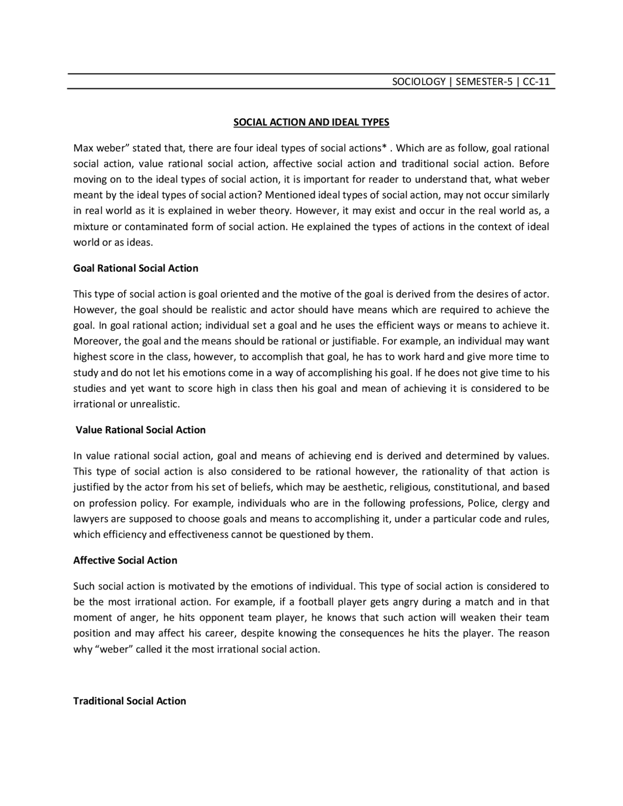 CC-11 SOCIAL ACTION AND IDEAL TYPES Max weber ... | Lecture notes ...