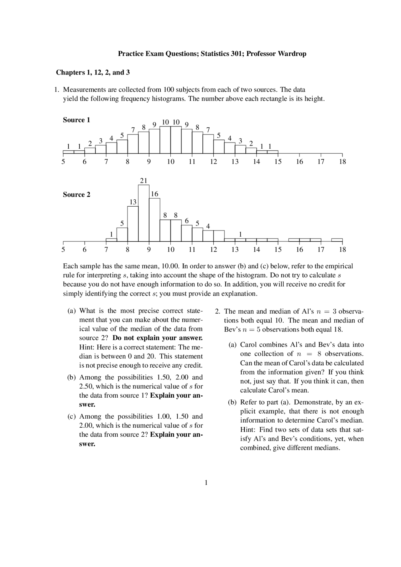 Practice Exam Questions; Statistics 301; Professor Wardrop | Assignments Statistics | Docsity