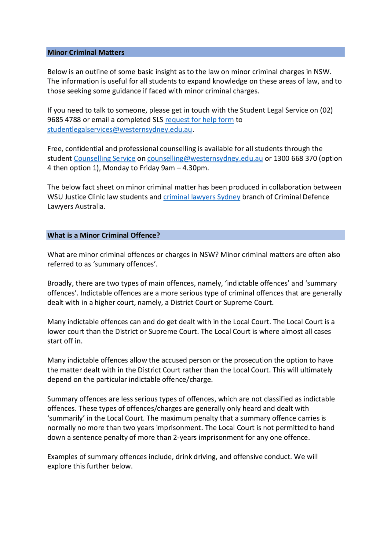 Minor Criminal Matters | Exams Law | Docsity