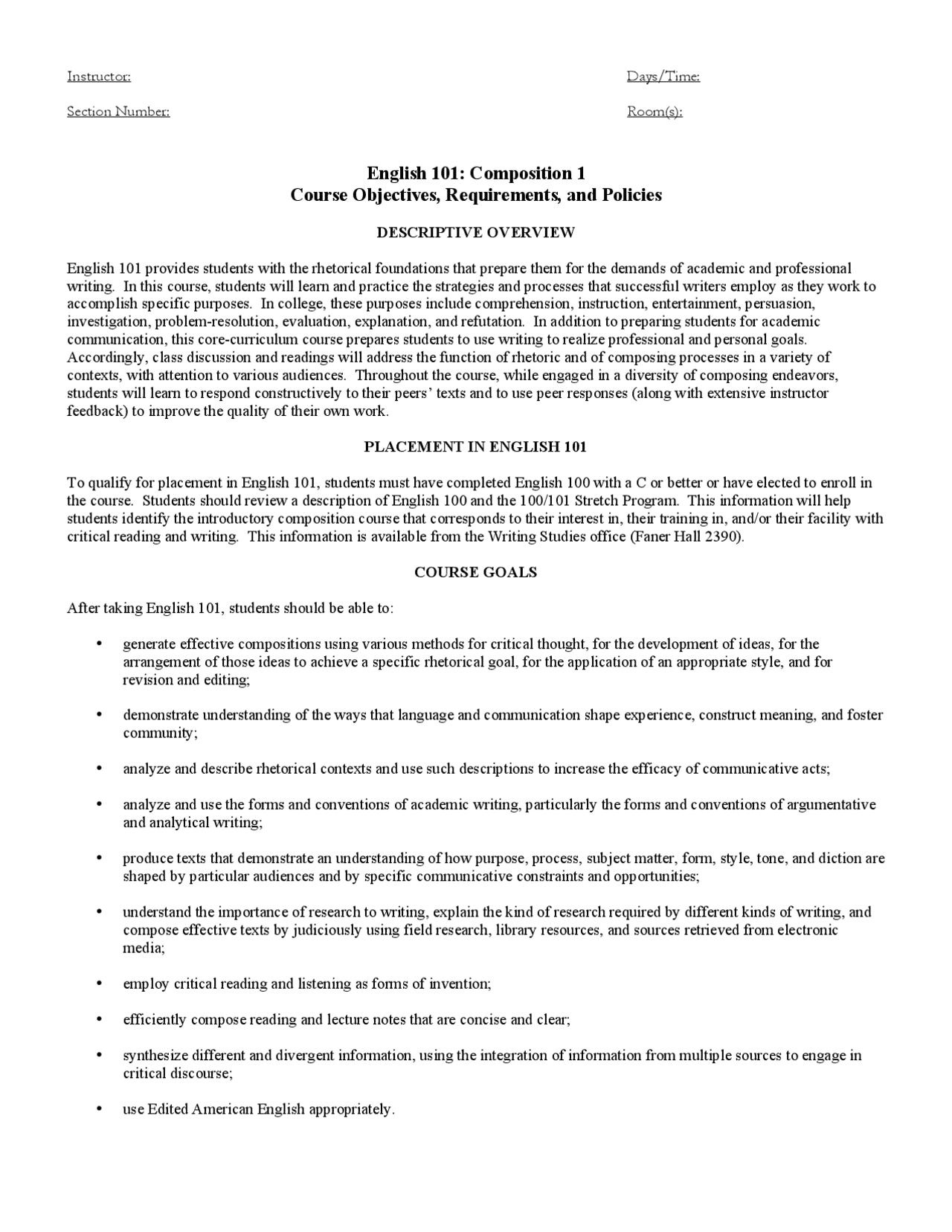 English 101: Composition 1 Course Objectives, Requirements ... | Study ...