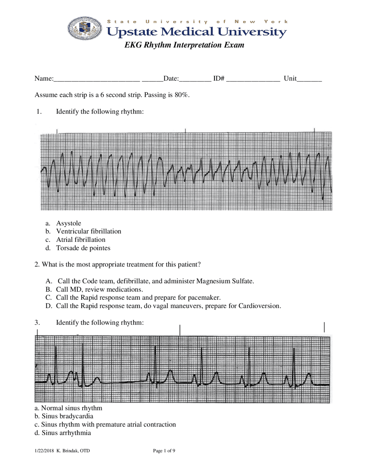 EKG Rhythm Interpretation Exam | Exercises Cardiology - Docsity