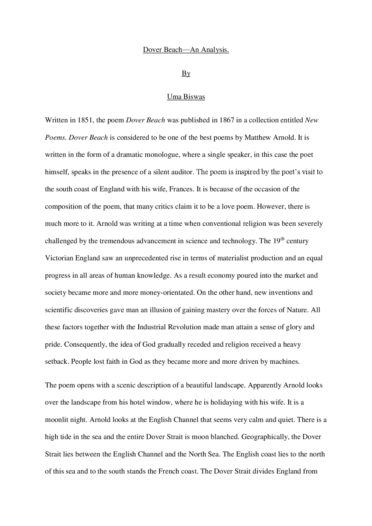 Dover Beach—An Analysis. | Exercises English Language | Docsity