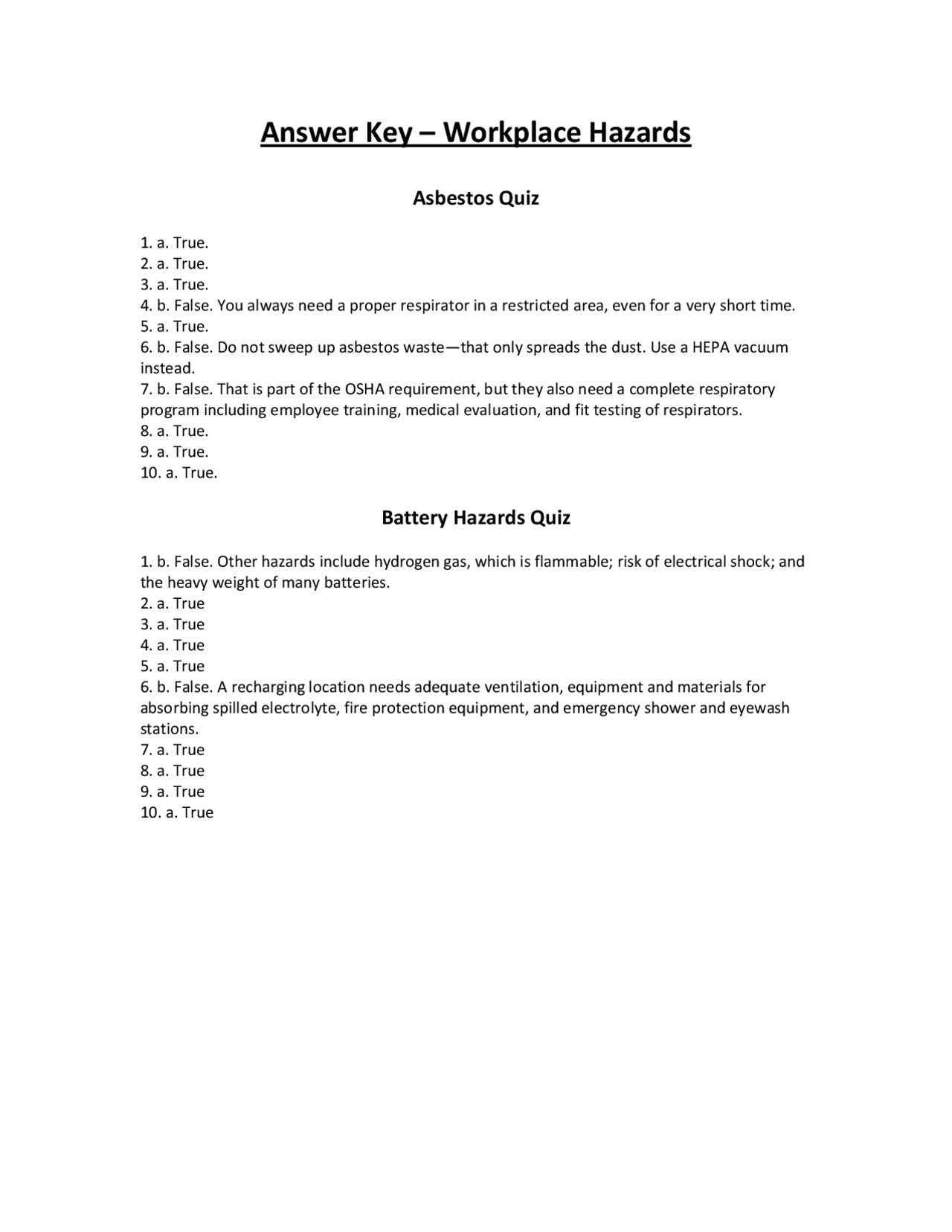 Answer Key – Workplace Hazards | Study notes Workplace Safety | Docsity