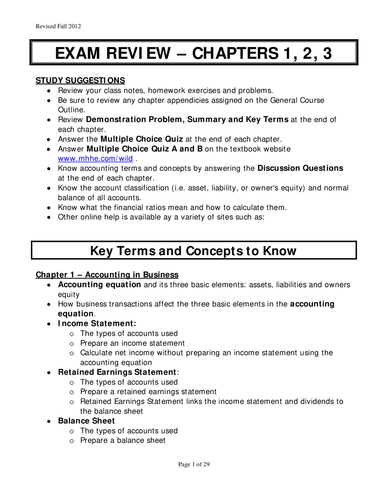 EXAM REVIEW – CHAPTERS 1, 2, 3 | Assignments Contabilidad | Docsity