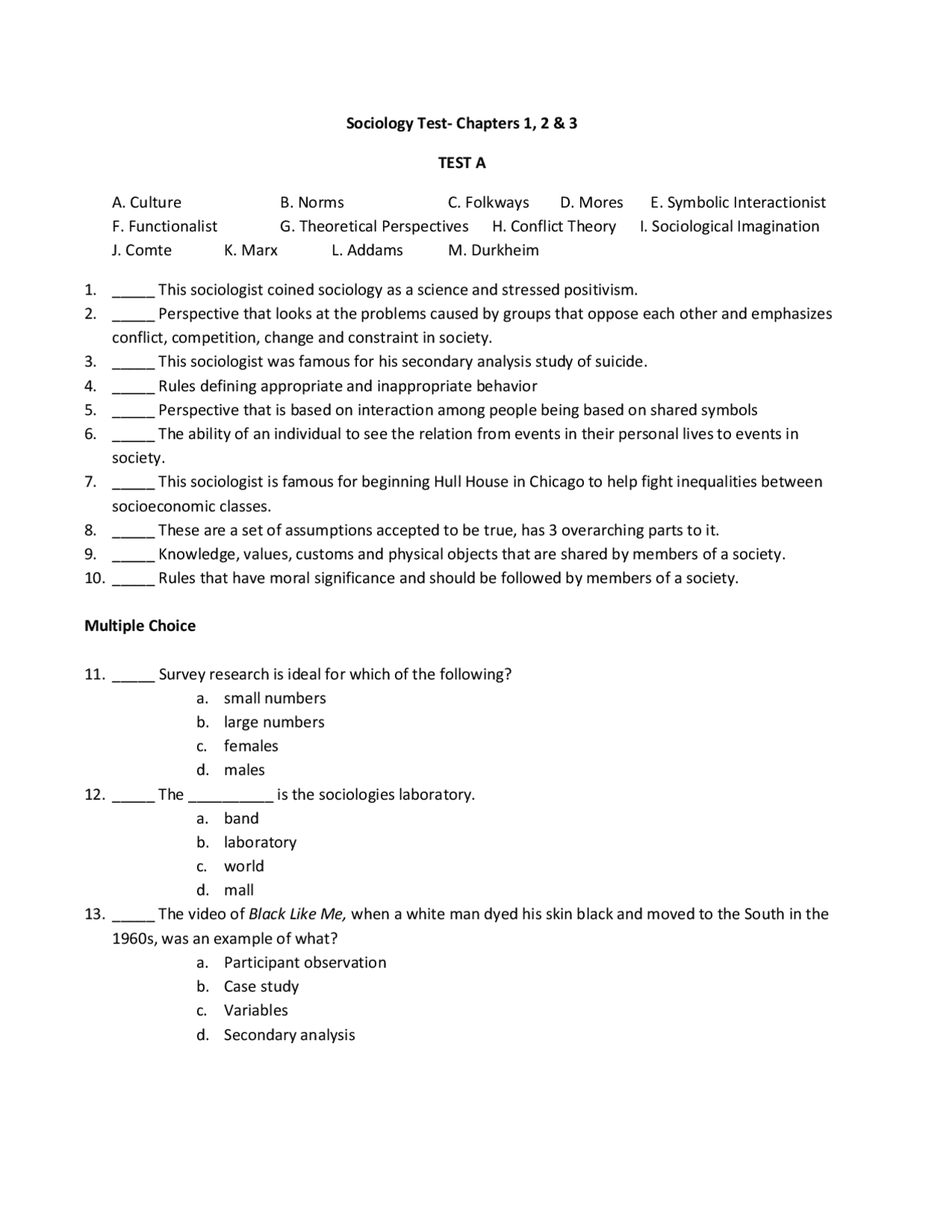 Sociology Test- Chapters 1, 2 & 3 TEST A A. Culture B. Norms ...