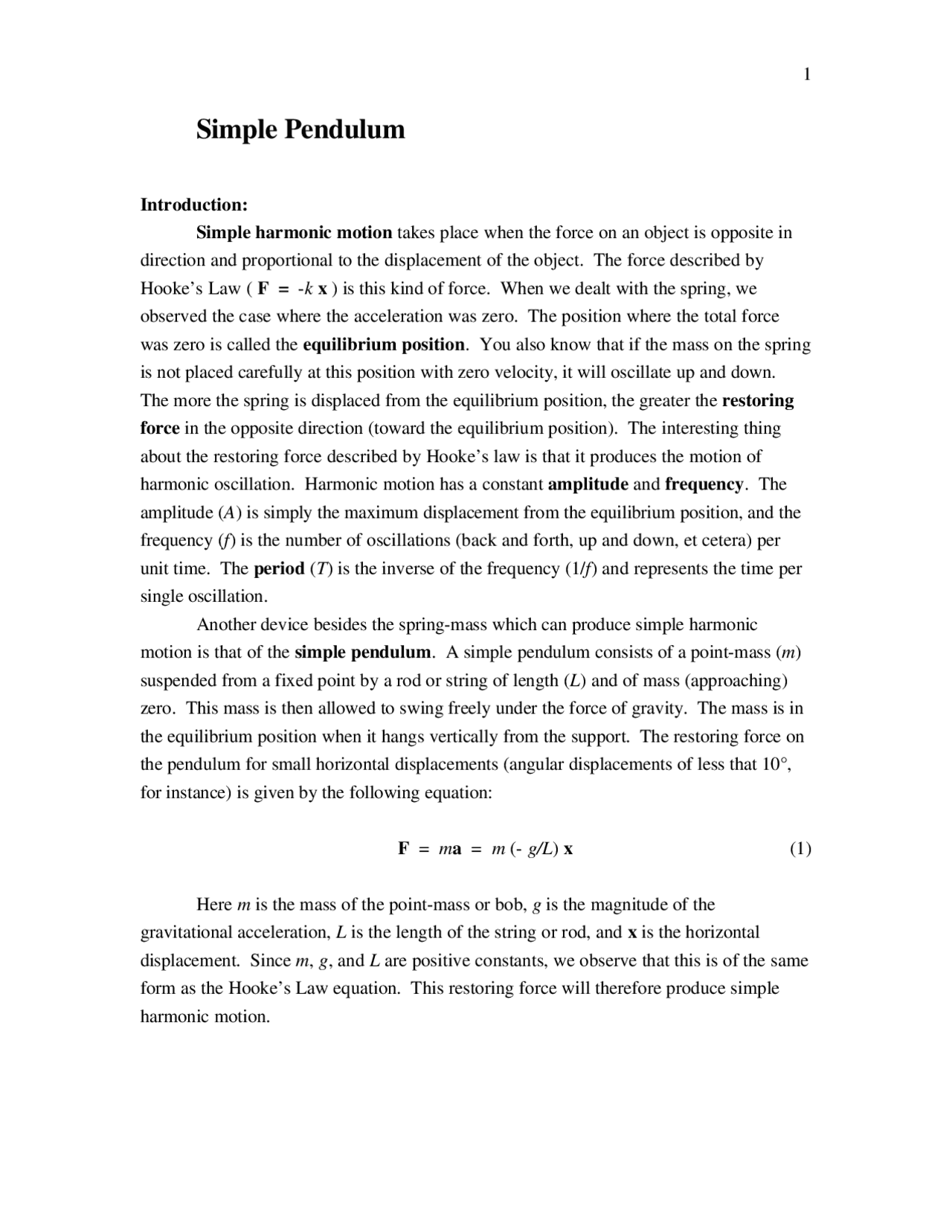 Simple Pendulum Lecture Notes Physics Docsity