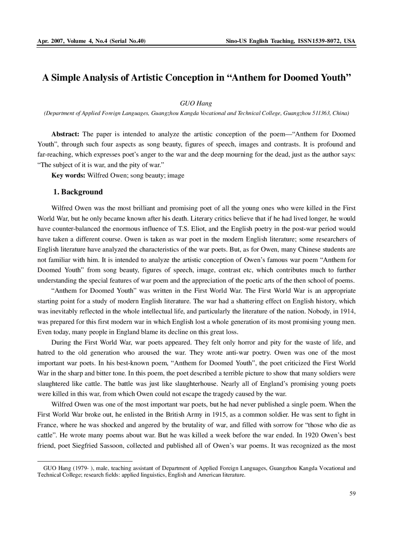 A Simple Analysis of Artistic Conception in “Anthem for ... | Assignments English Language | Docsity