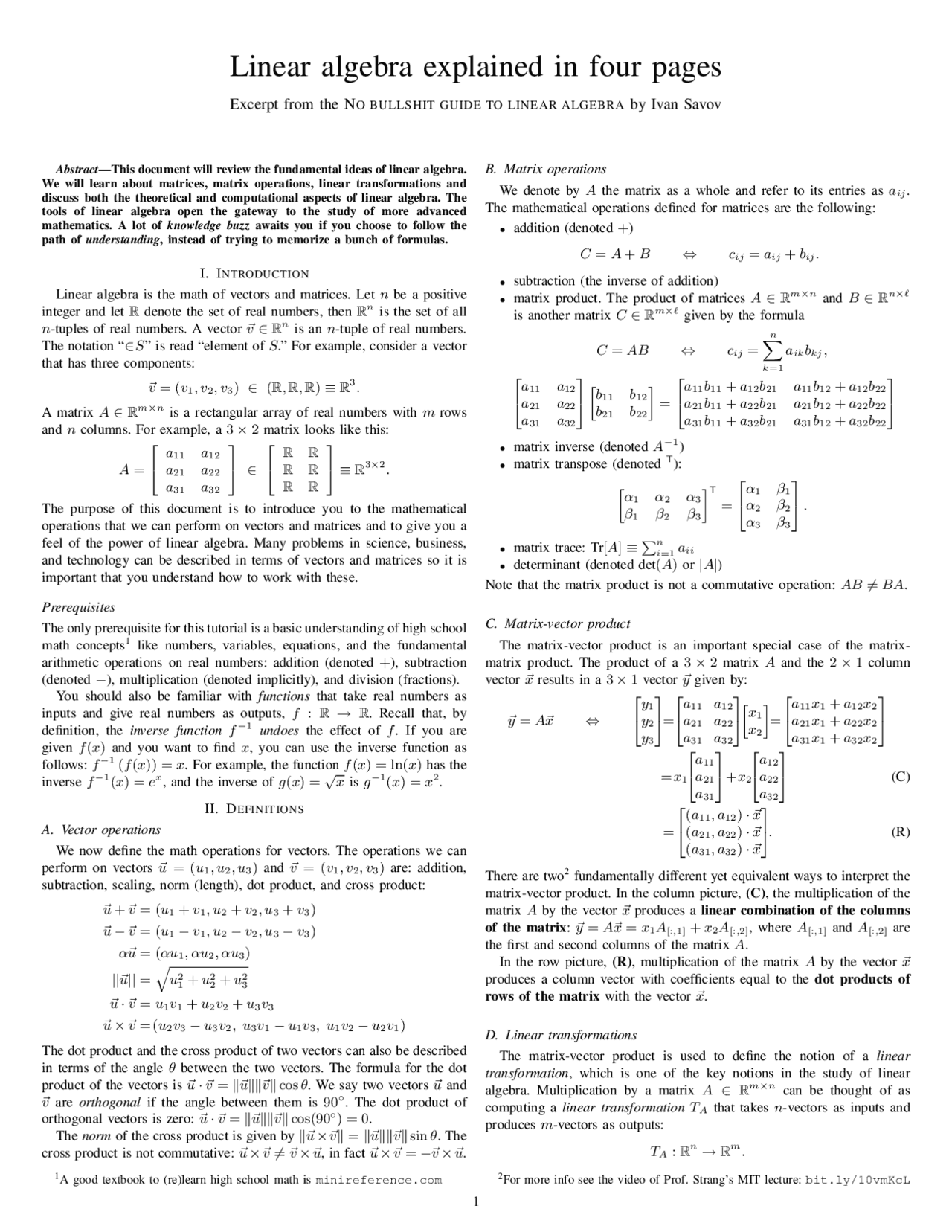 Linear Algebra Explained In Four Pages Lecture Notes Linear Algebra Docsity