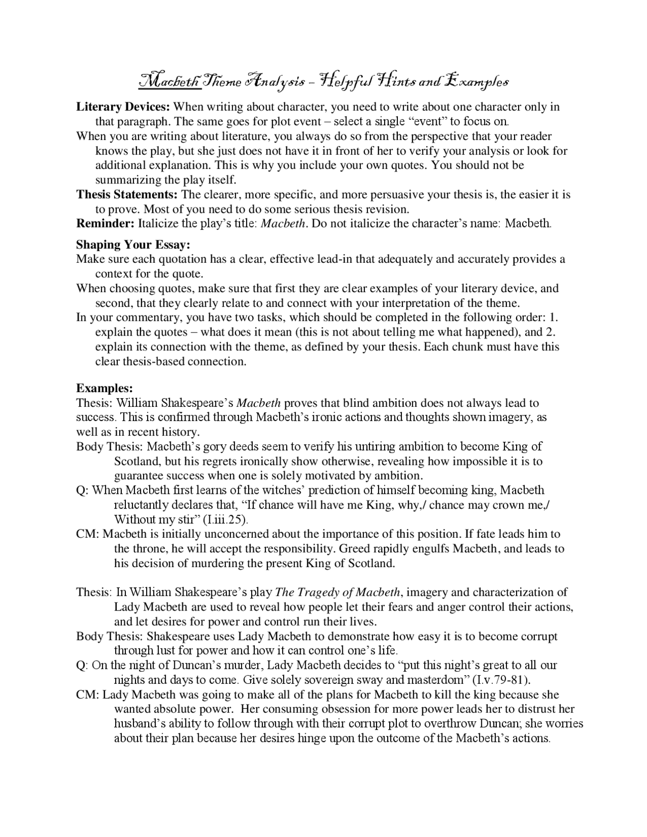 Thesis: In the play Macbeth, the author William Shakespeare ... - Docsity