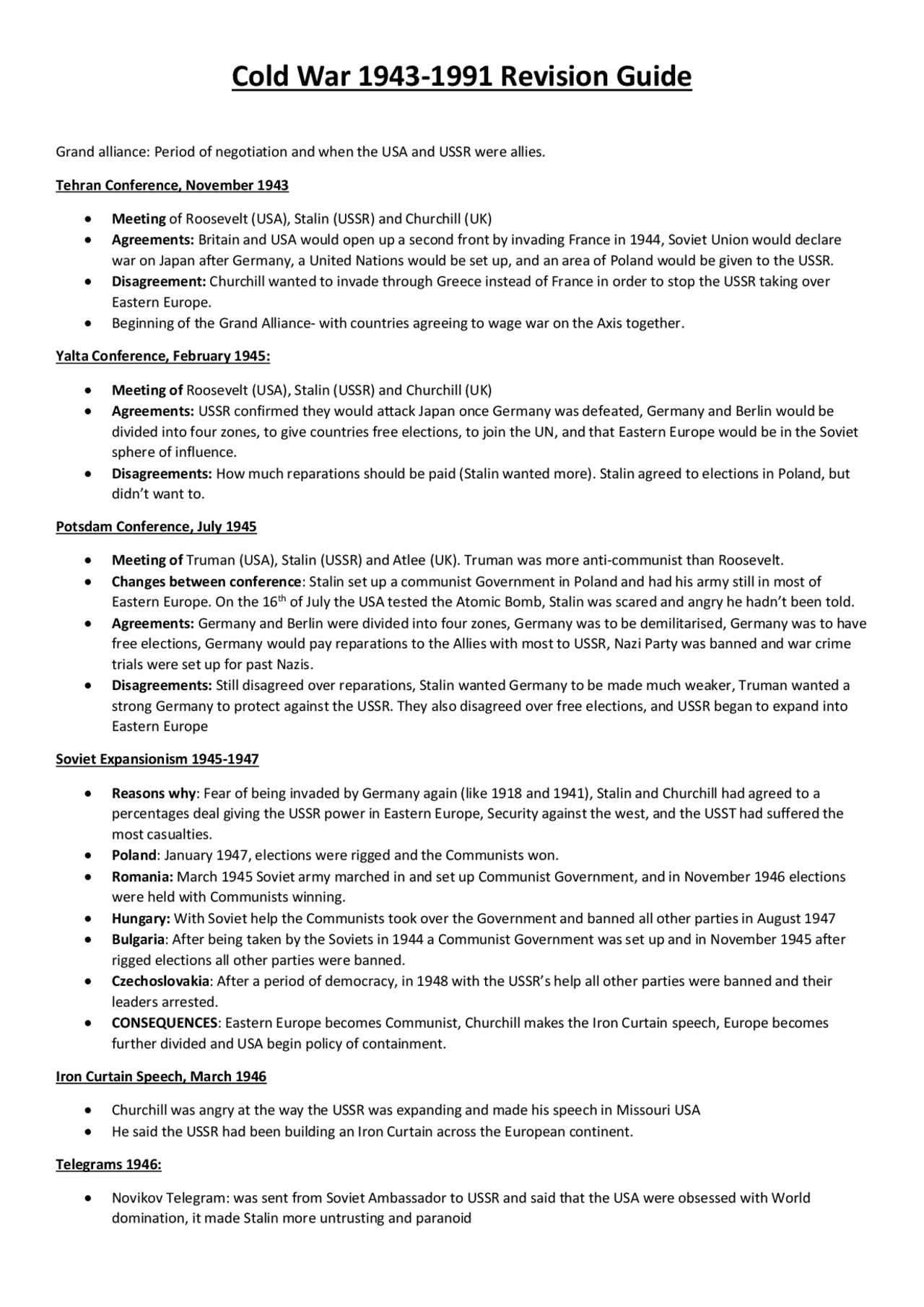 Cold War 1943 1991 Revision Guide Assignments Negotiation Docsity