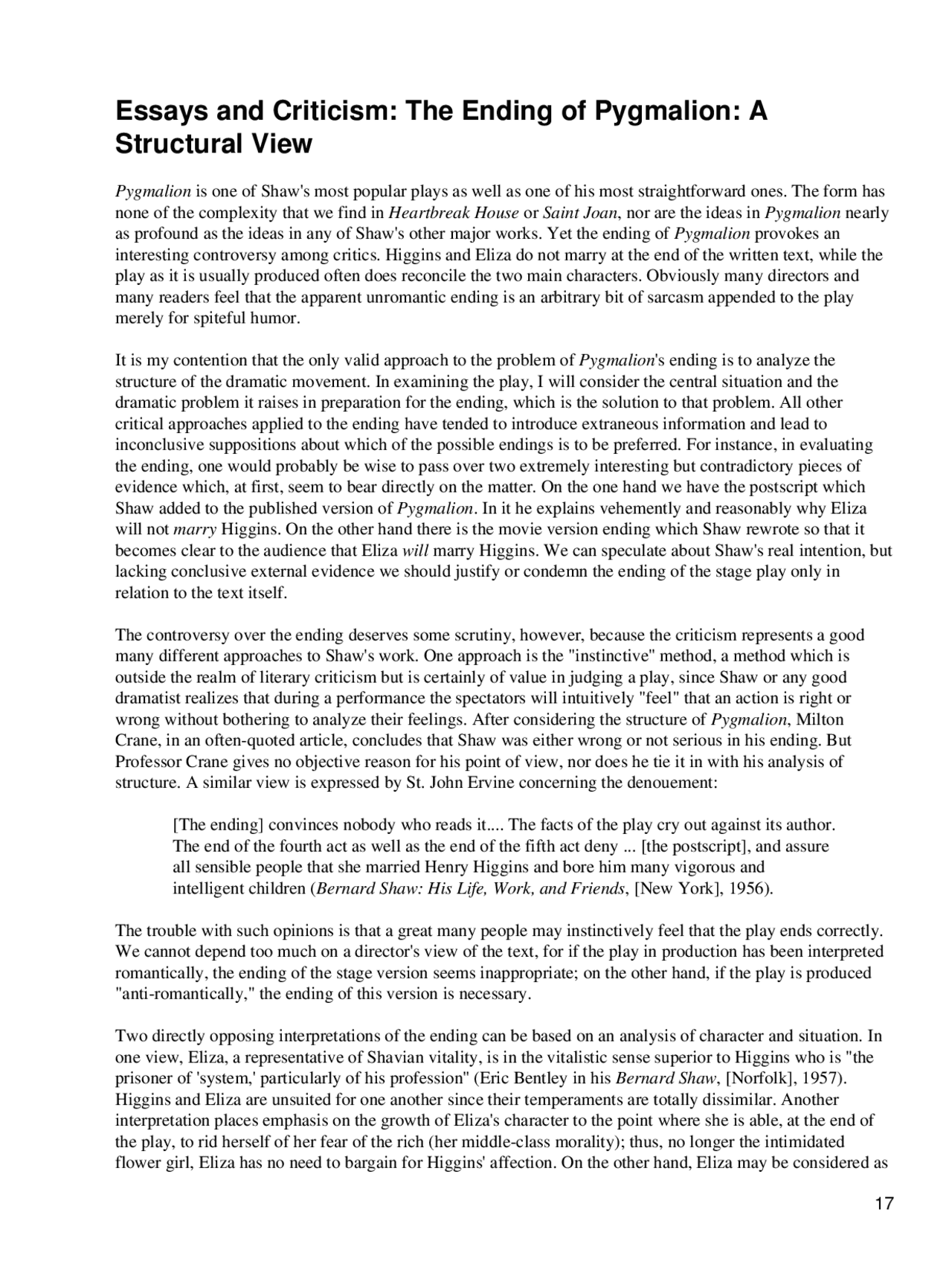 Essays and Criticism: The Ending of Pygmalion: A Structural ... | Study ...