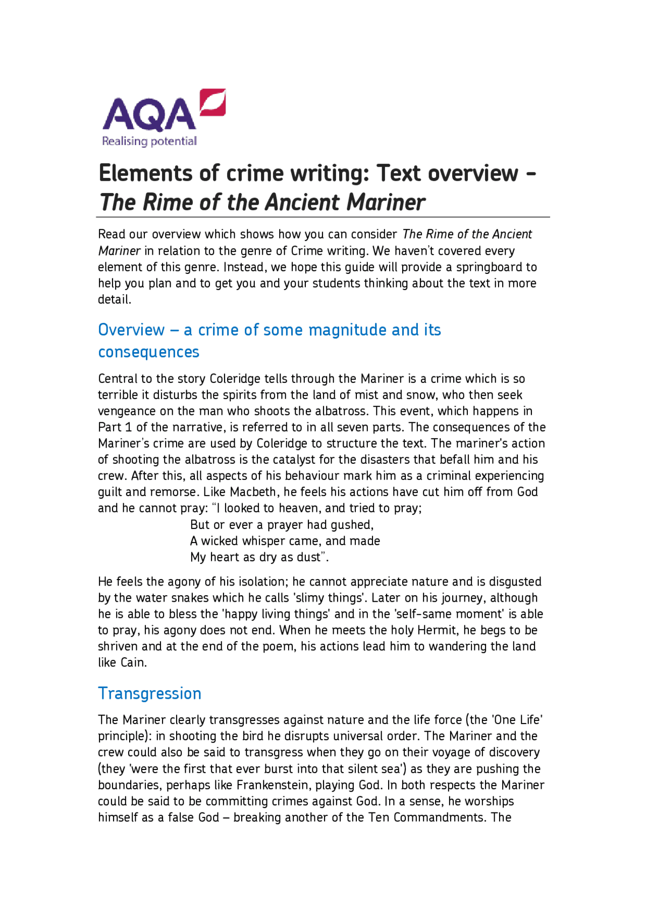 Text Overview The Rime Of The Ancient Mariner Lecture Notes Voice