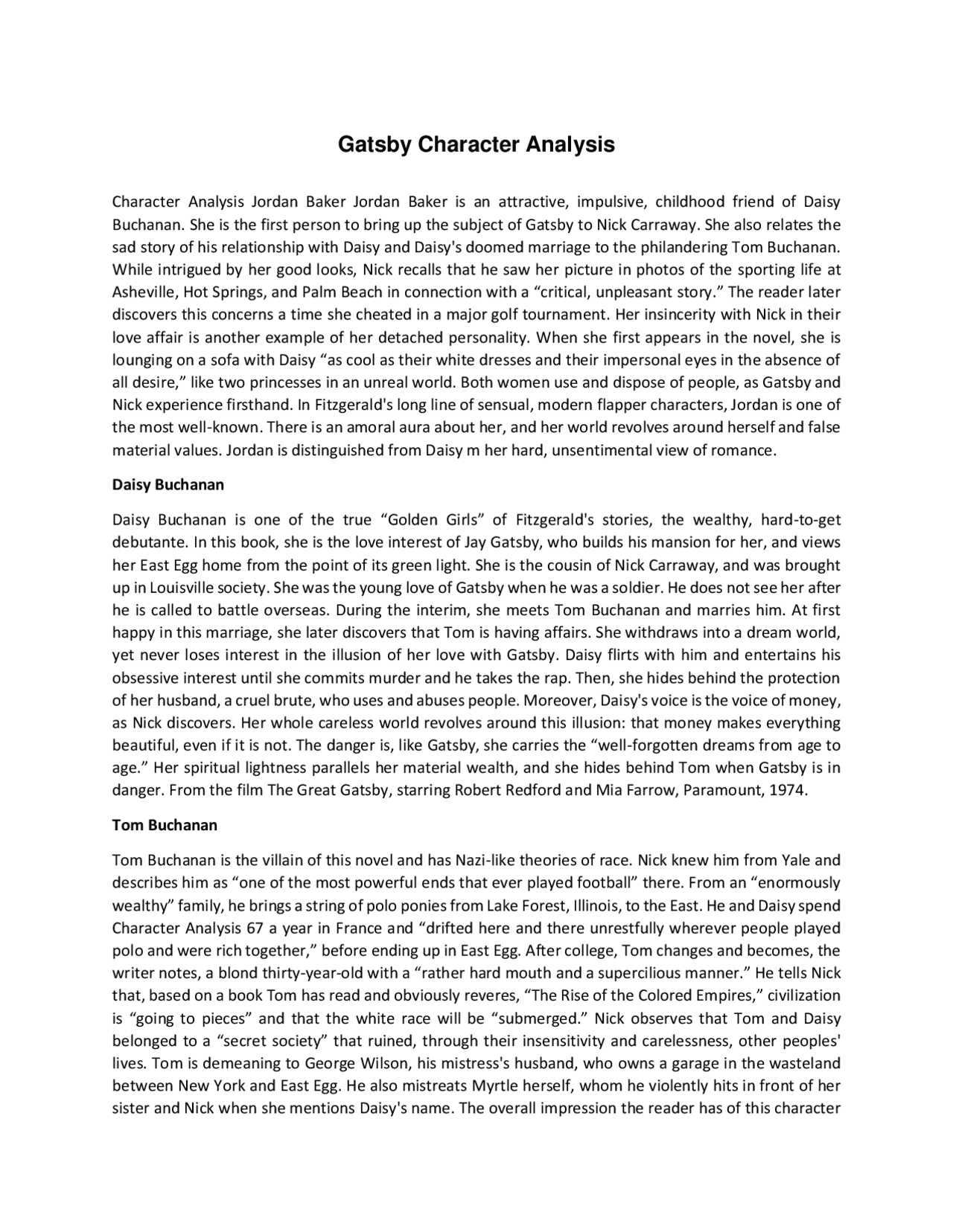 Gatsby Character Analysis| PDF Example | Study notes Voice | Docsity