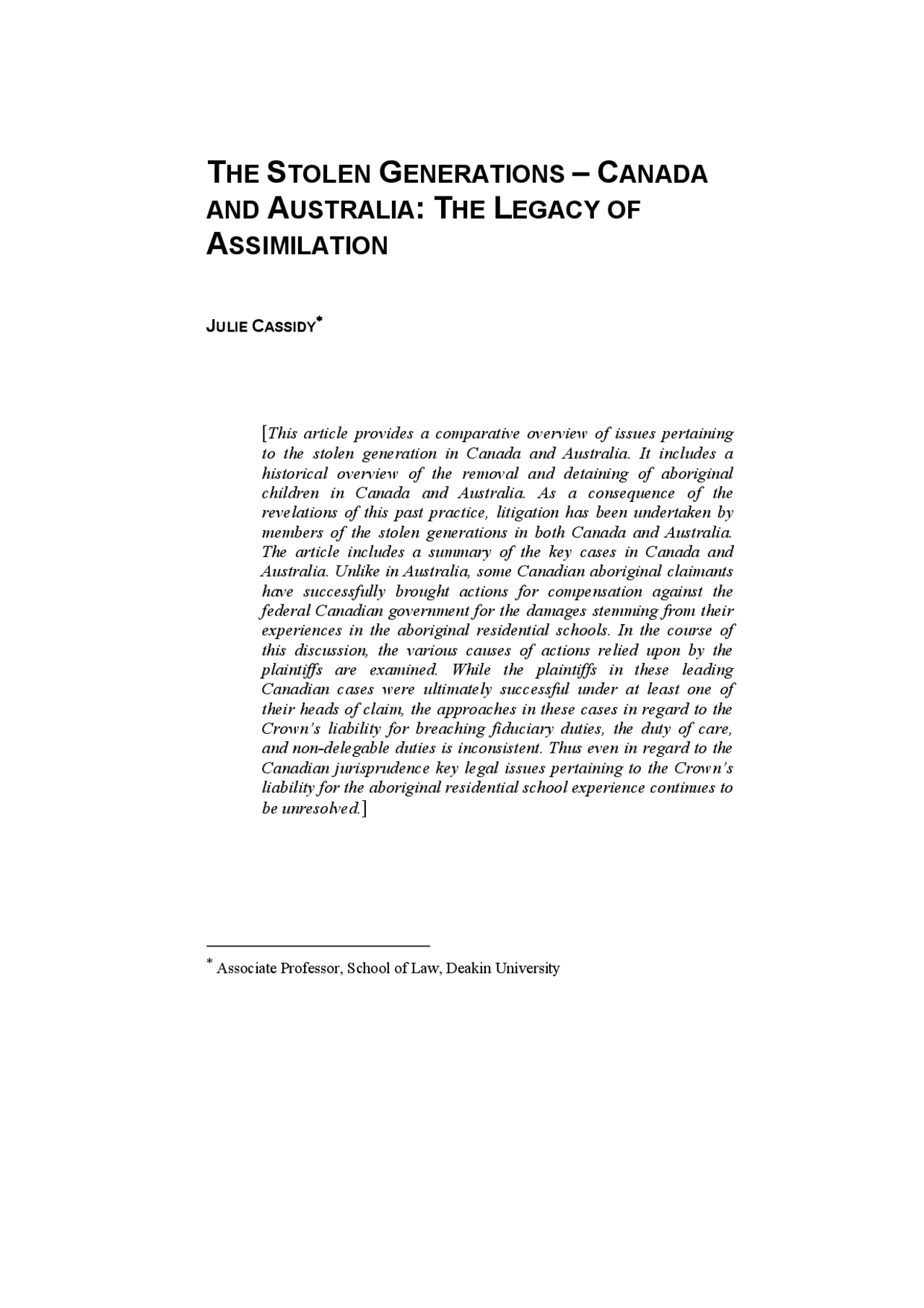 the stolen generations – canada | Lecture notes Law | Docsity