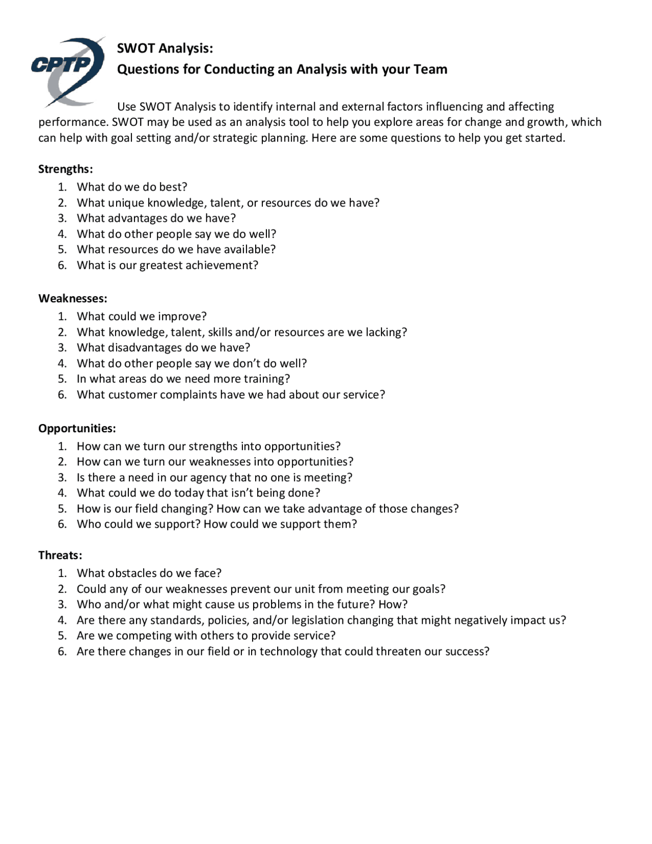 Questions for Conducting an Analysis with your Team - Docsity