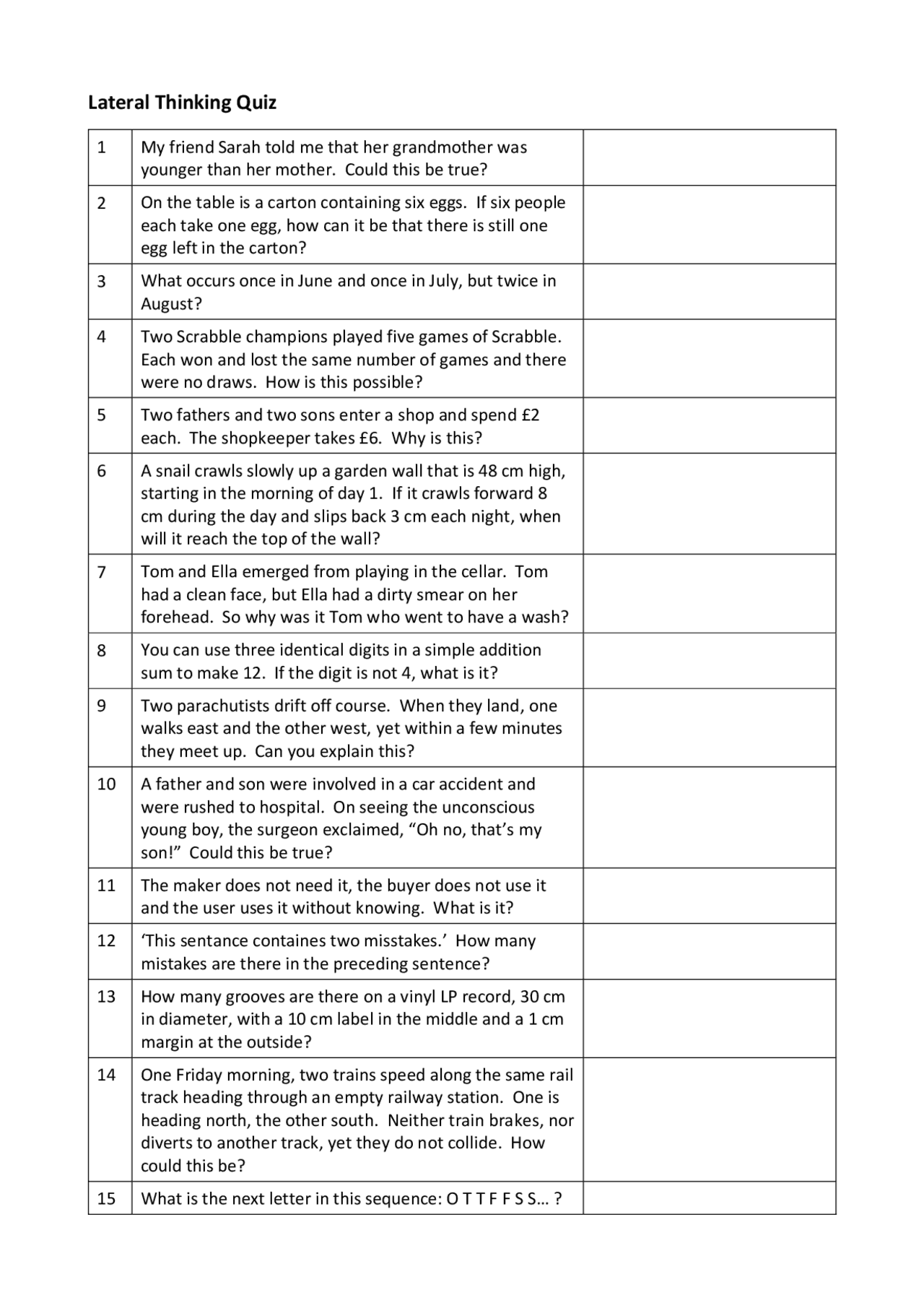 Lateral Thinking Quiz | Study notes Discrete Mathematics | Docsity