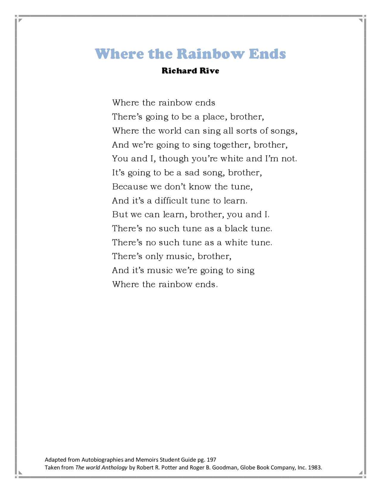 Where the Rainbow Ends | Exercises Music | Docsity
